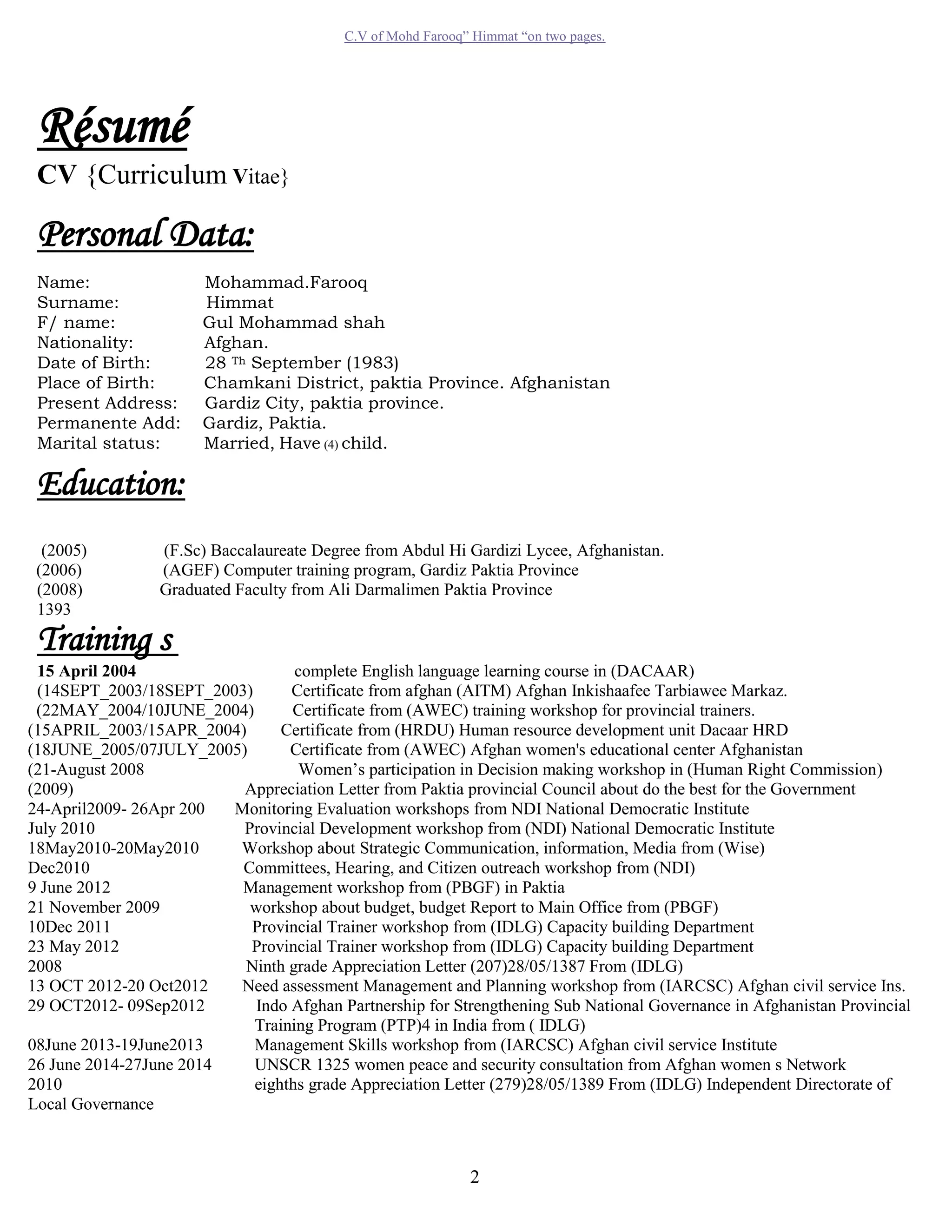 Mohd.Farooq Himmat CVs1 | PDF