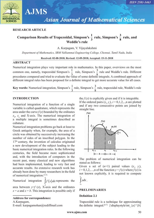 Comparison Results of Trapezoidal, Simpson’s 13 rule, Simpson’s 38 rule ...