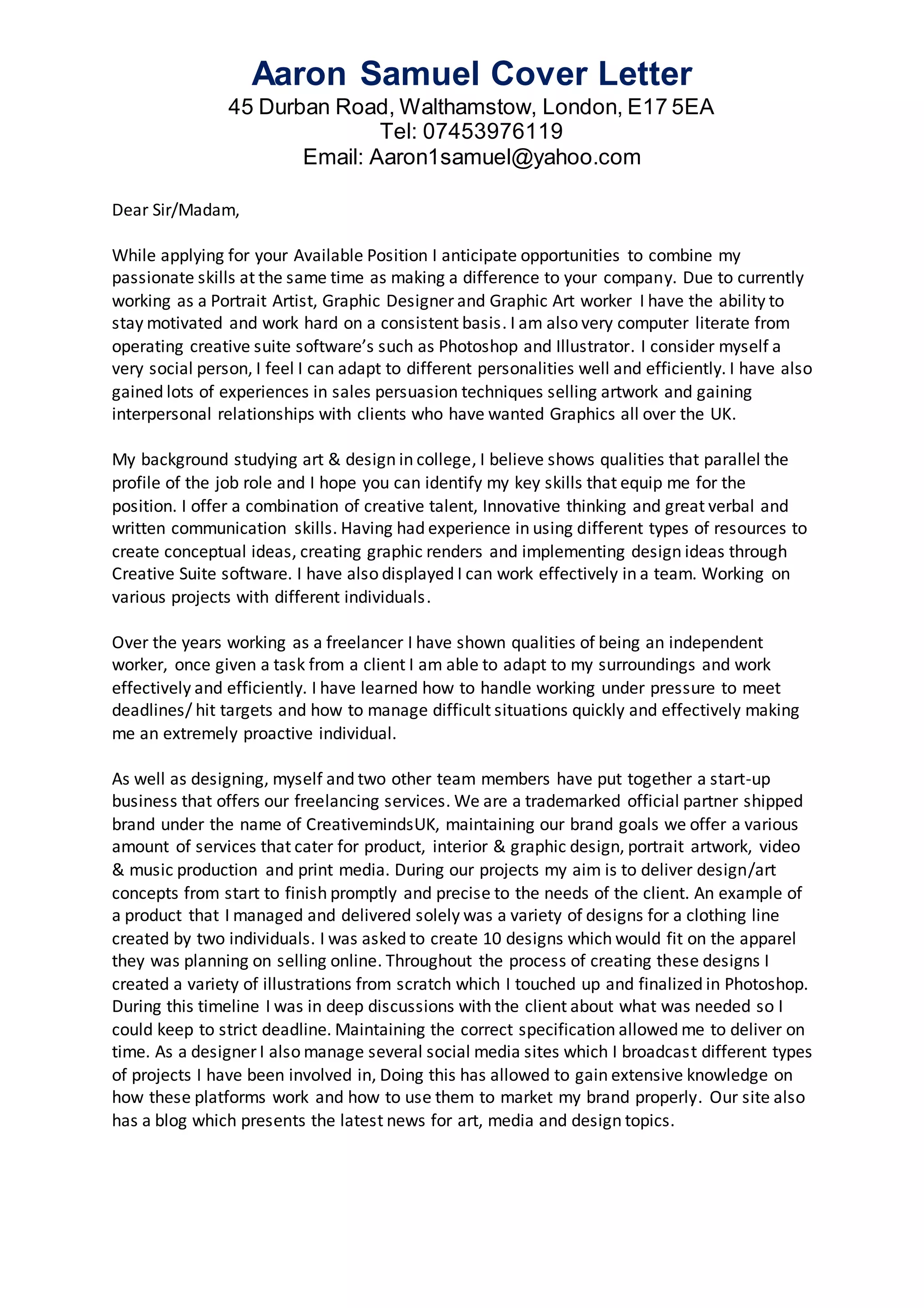 Aaron Samuel Cover Letter | PDF