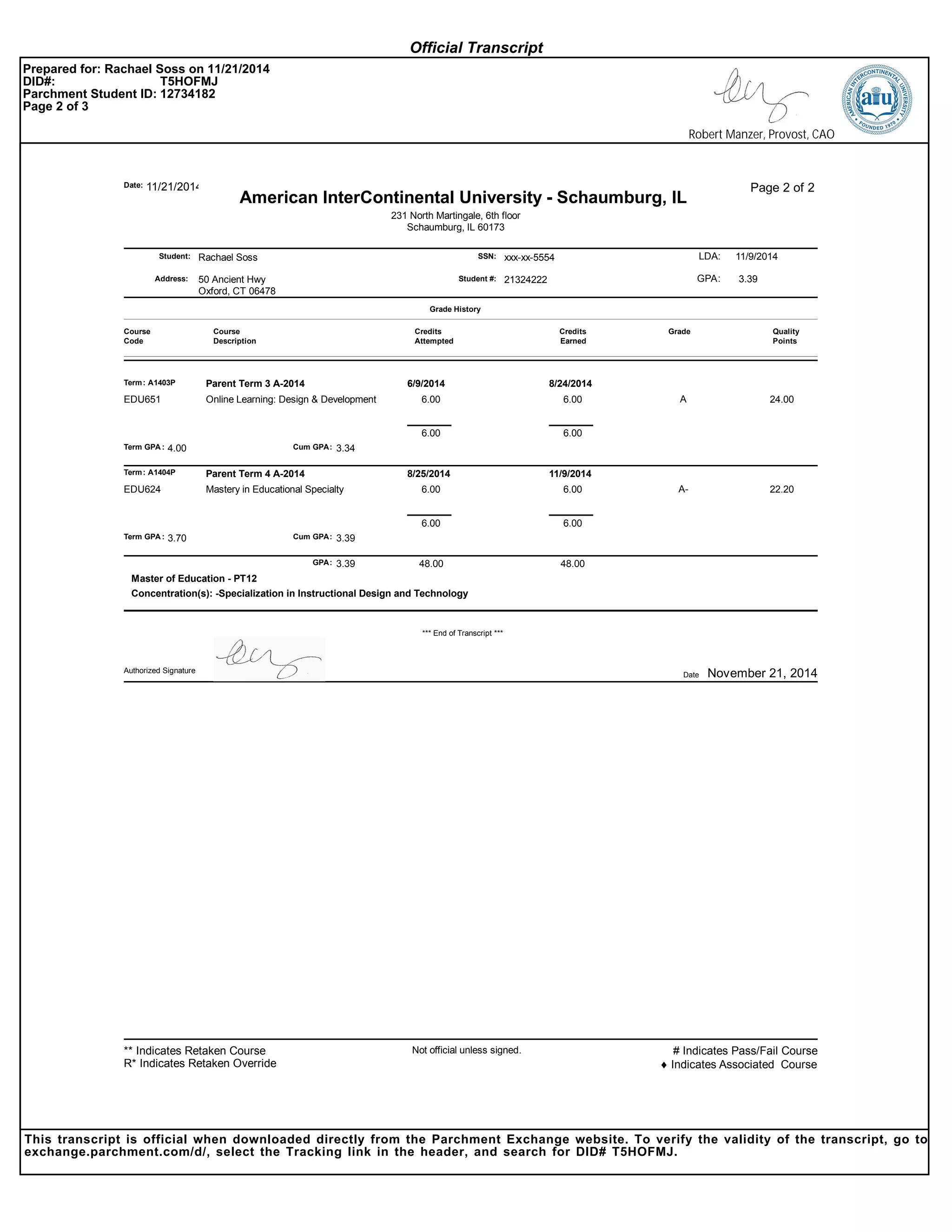 Graduate Transcript. Rachael Soss | PDF