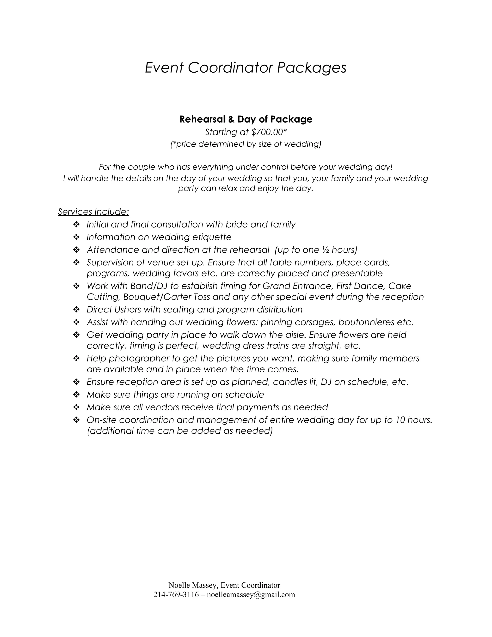 Event Coordinator Packages | PDF