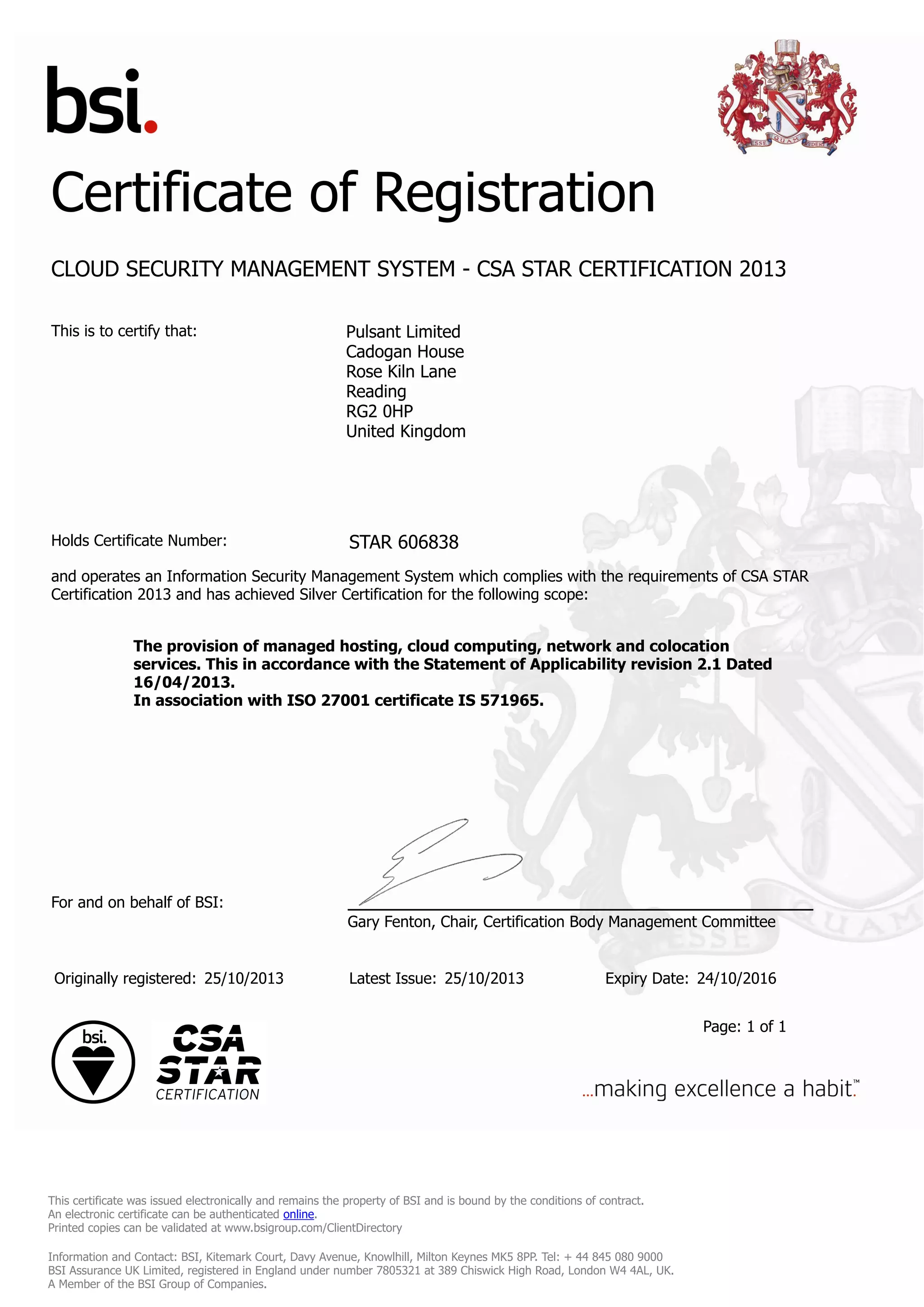 Pulsant Ltd CSA STAR Certificate | PDF