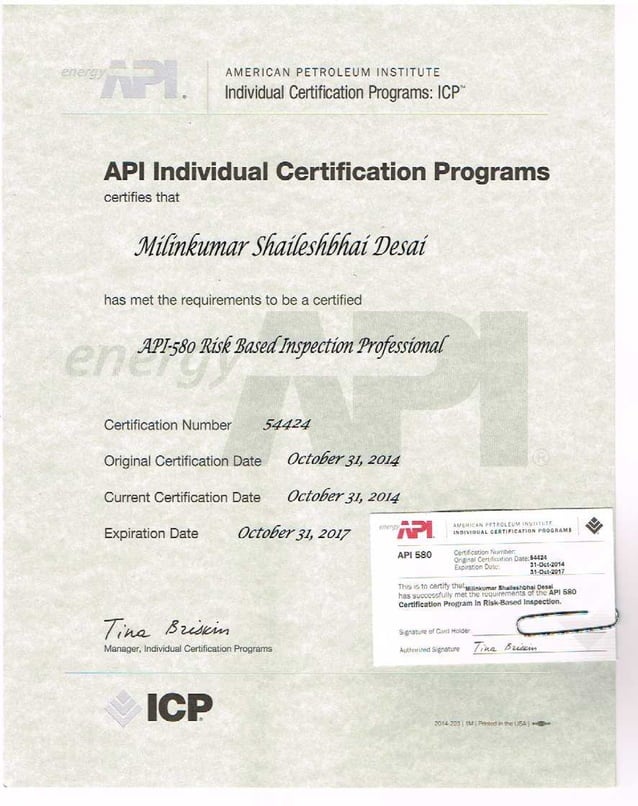 Milinkumar-API 580 Certificate | PDF