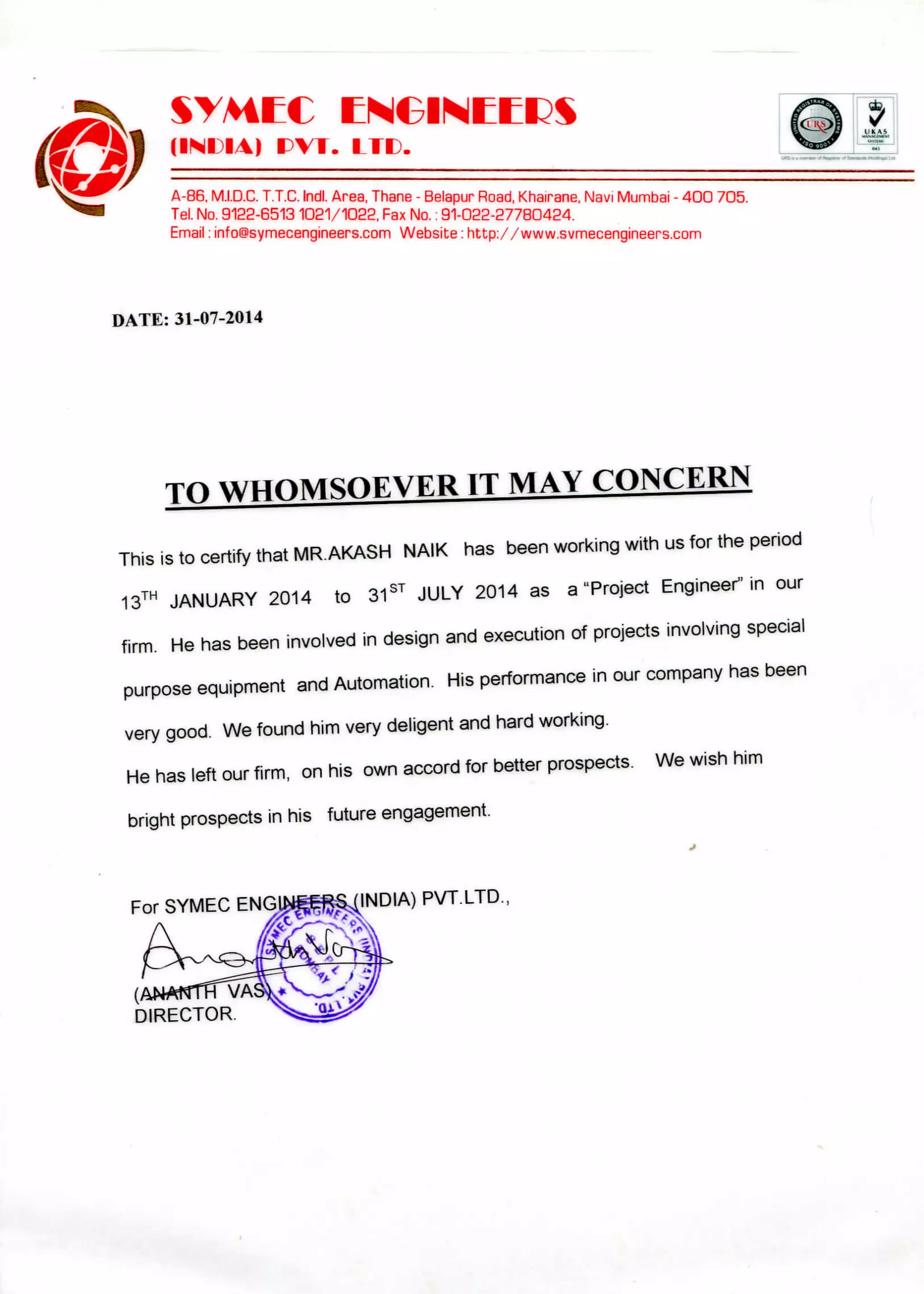 Akash_ Symec Engineer Experience Certificate | PDF