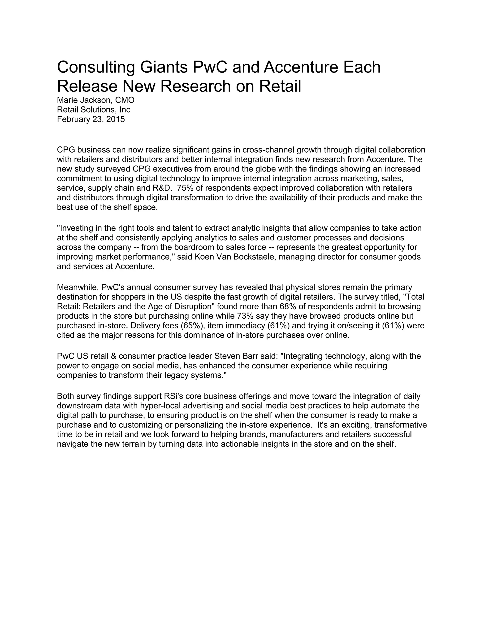 Consulting Giants PwC and Accenture Each Release New Research on Retail ...