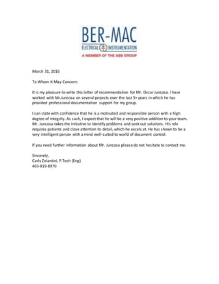 Reference Letter Electrical & Instrumentation | DOCX