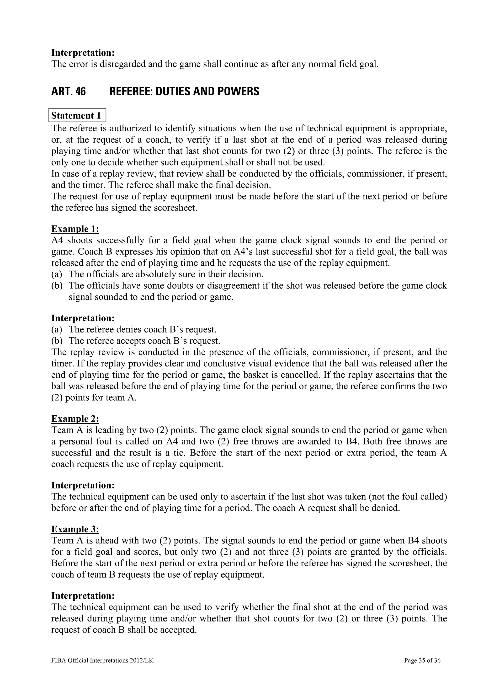 FIBA Official Basketball Rules 2012: Official Interpretations | PDF