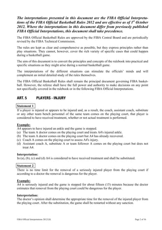 FIBA Official Basketball Rules 2012: Official Interpretations | PDF