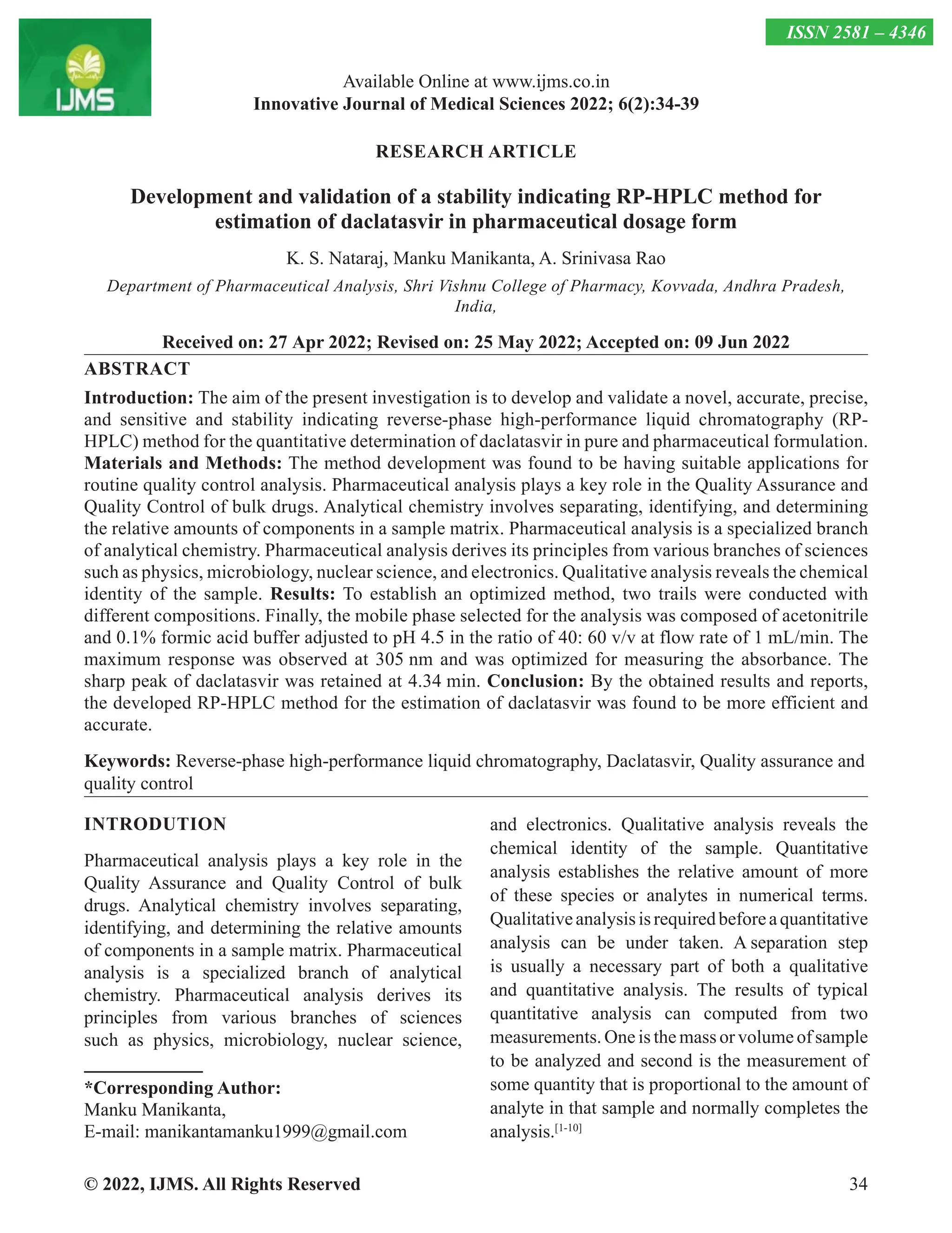 Development and validation of a stability indicating RP-HPLC method for estimation of ...