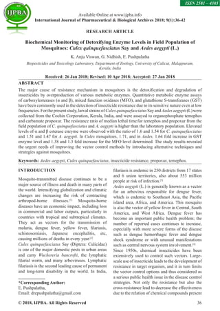 Biochemical Monitoring of Detoxifying Enzyme Levels in Field Population of Mosquitoes: Culex ...