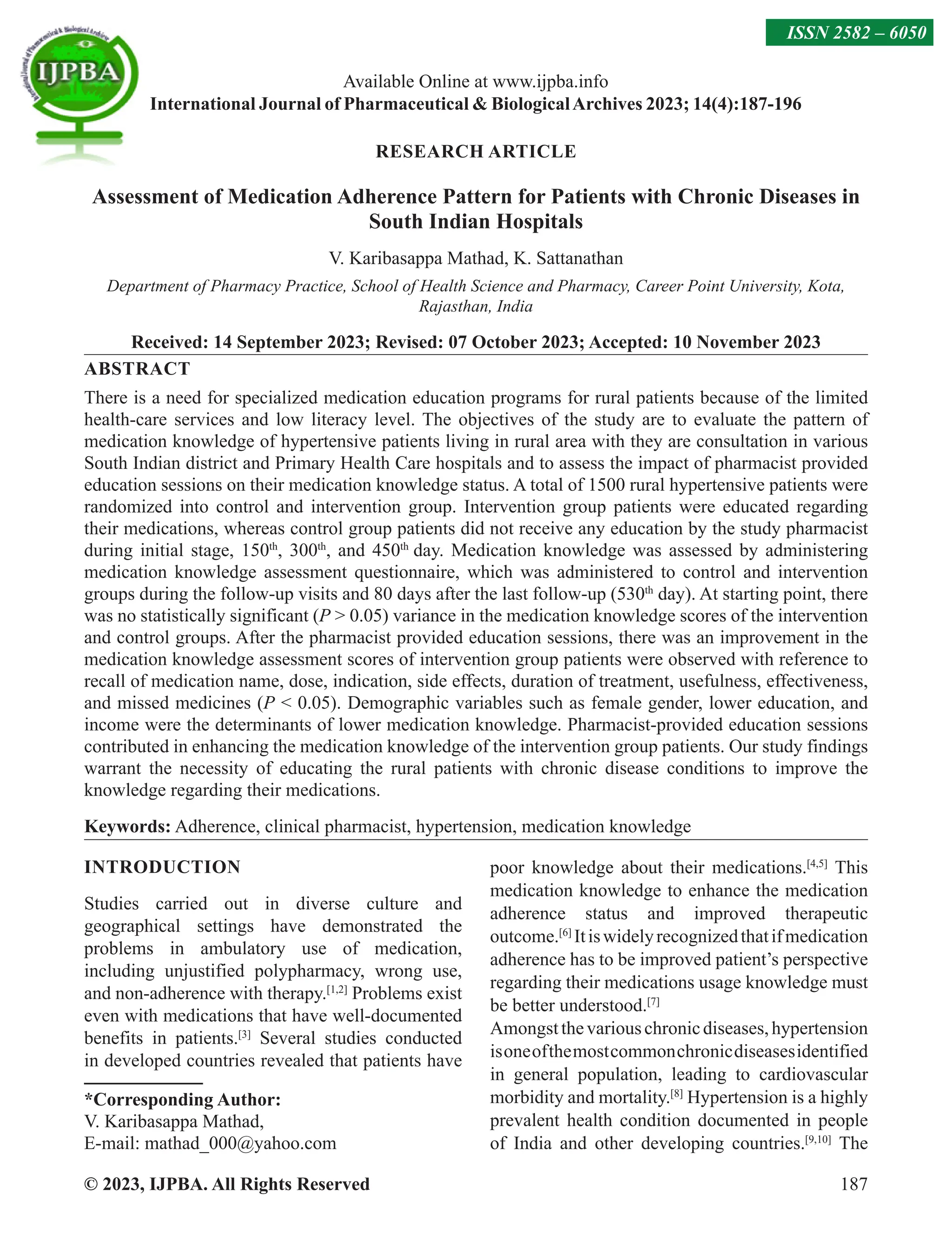 Assessment of Medication Adherence Pattern for Patients with Chronic ...