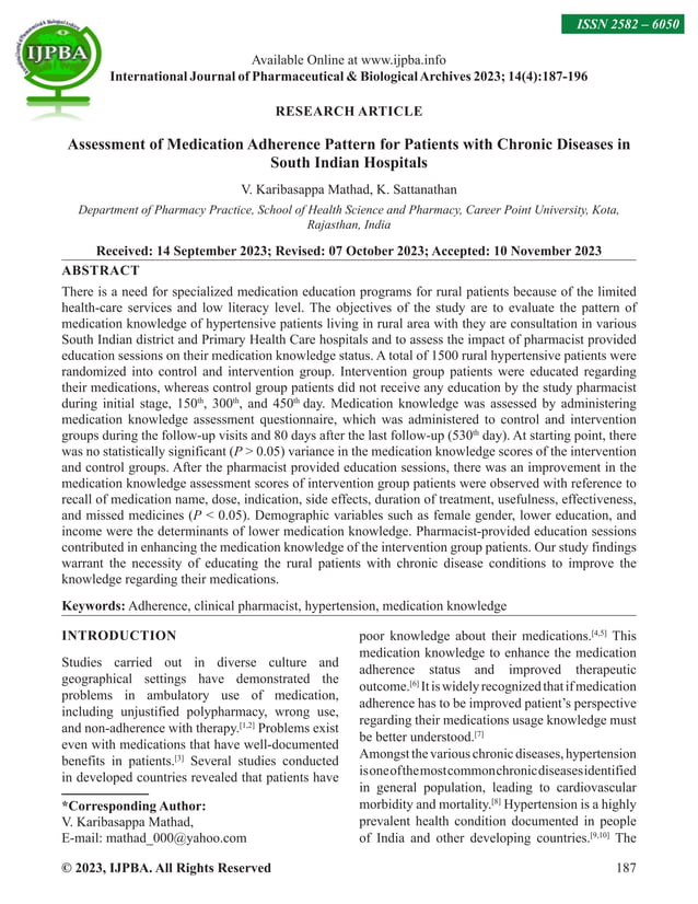 Assessment of Medication Adherence Pattern for Patients with Chronic ...