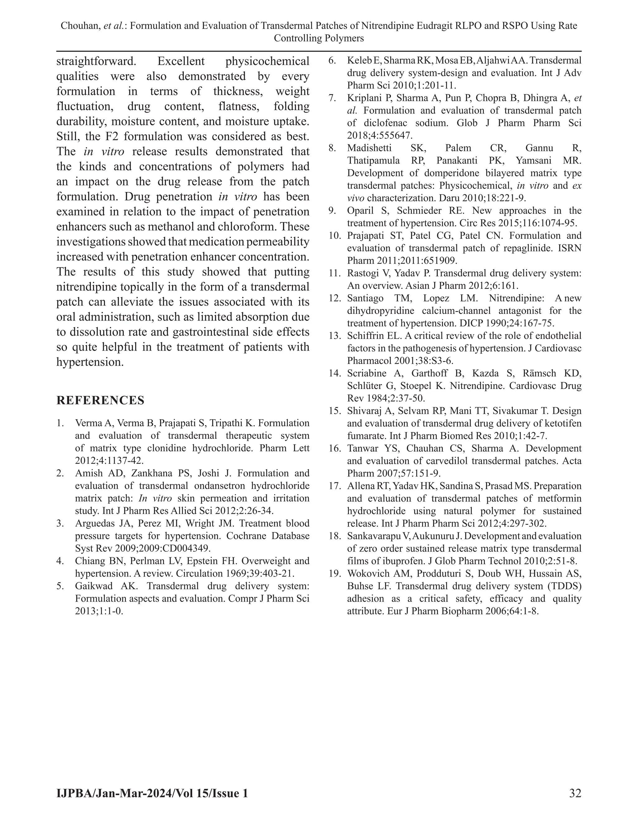Formulation and Evaluation of Transdermal Patches of Nitrendipine ...