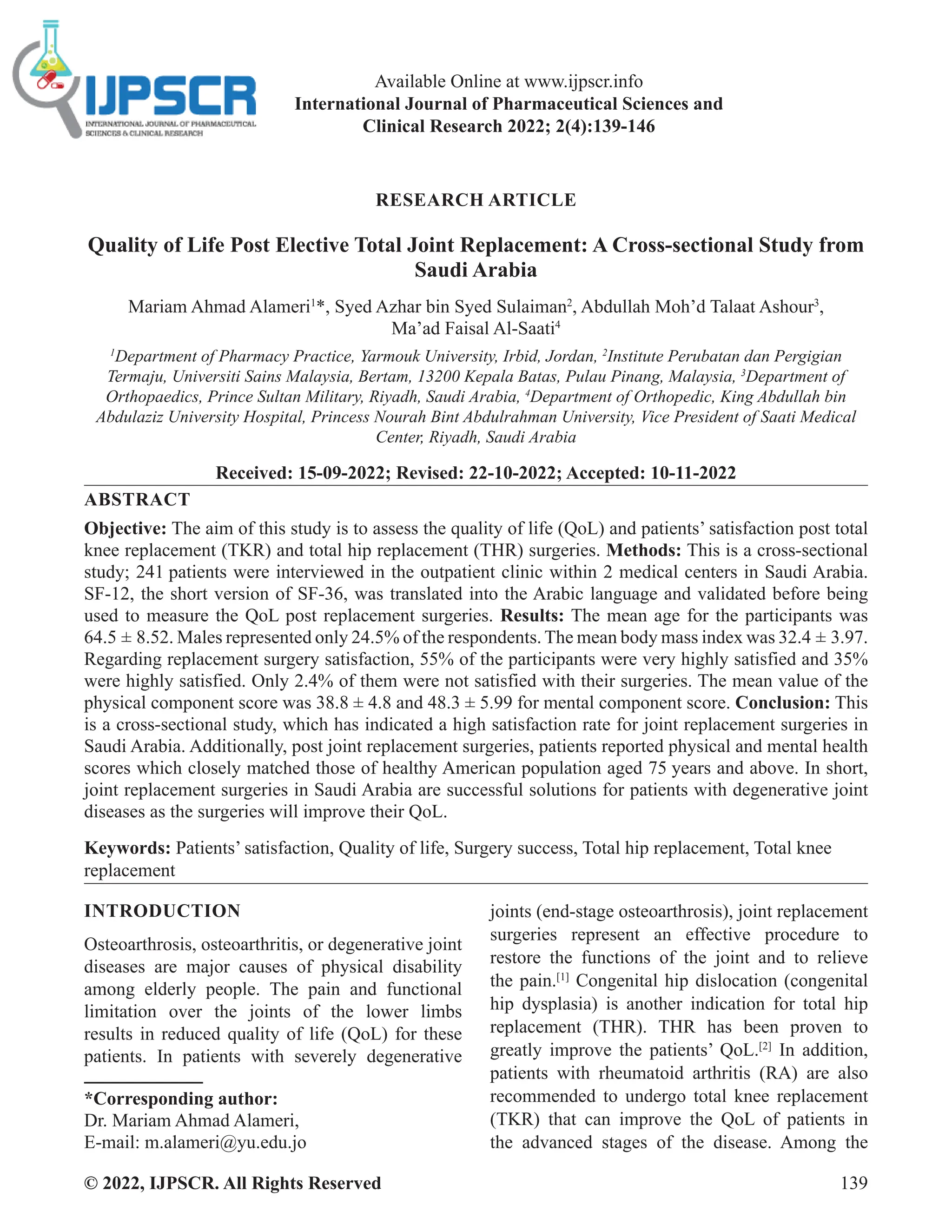 Quality of Life Post Elective Total Joint Replacement: A Cross ...