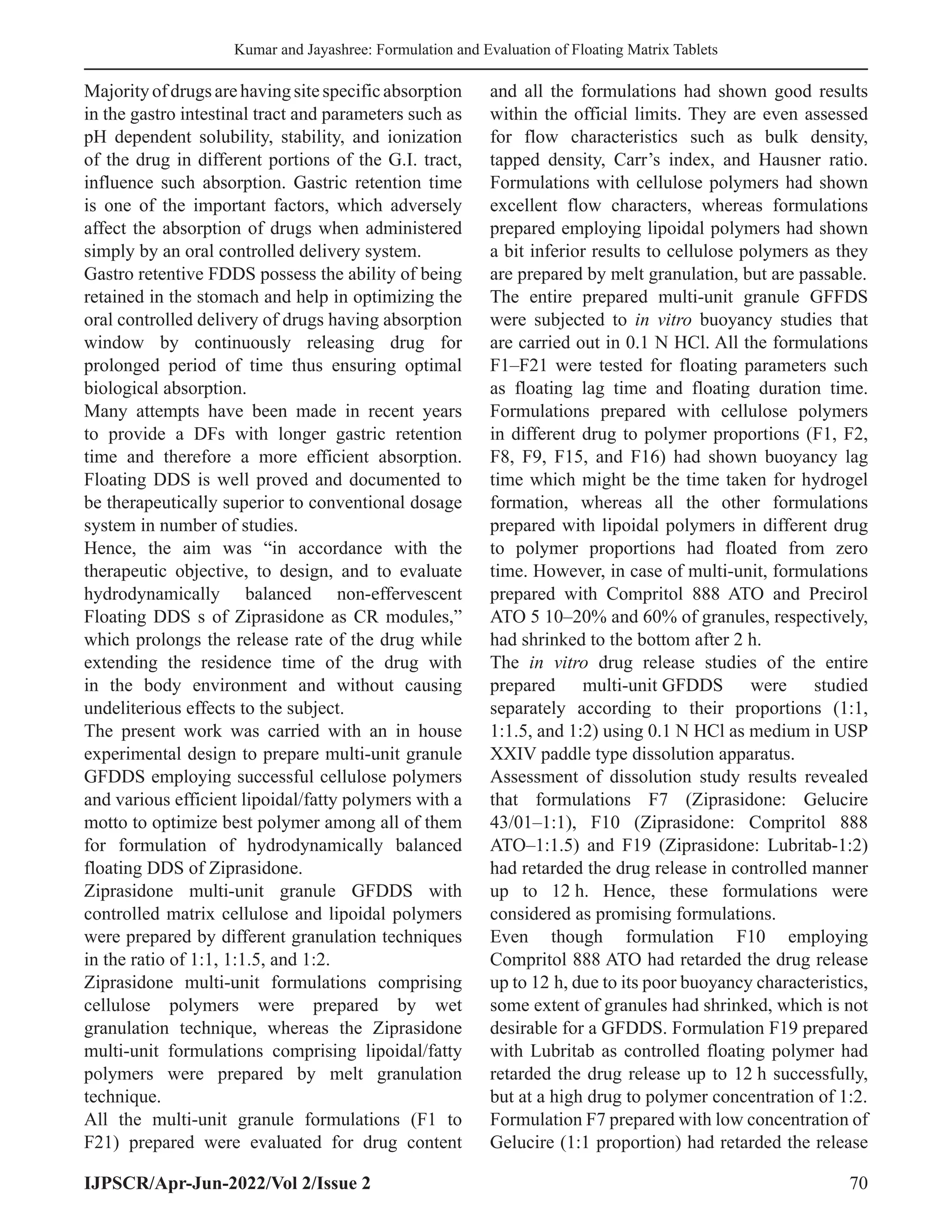 Formulation And Evaluation Of Floating Matrix Tablets Of An Antipsychotic Drug Pdf