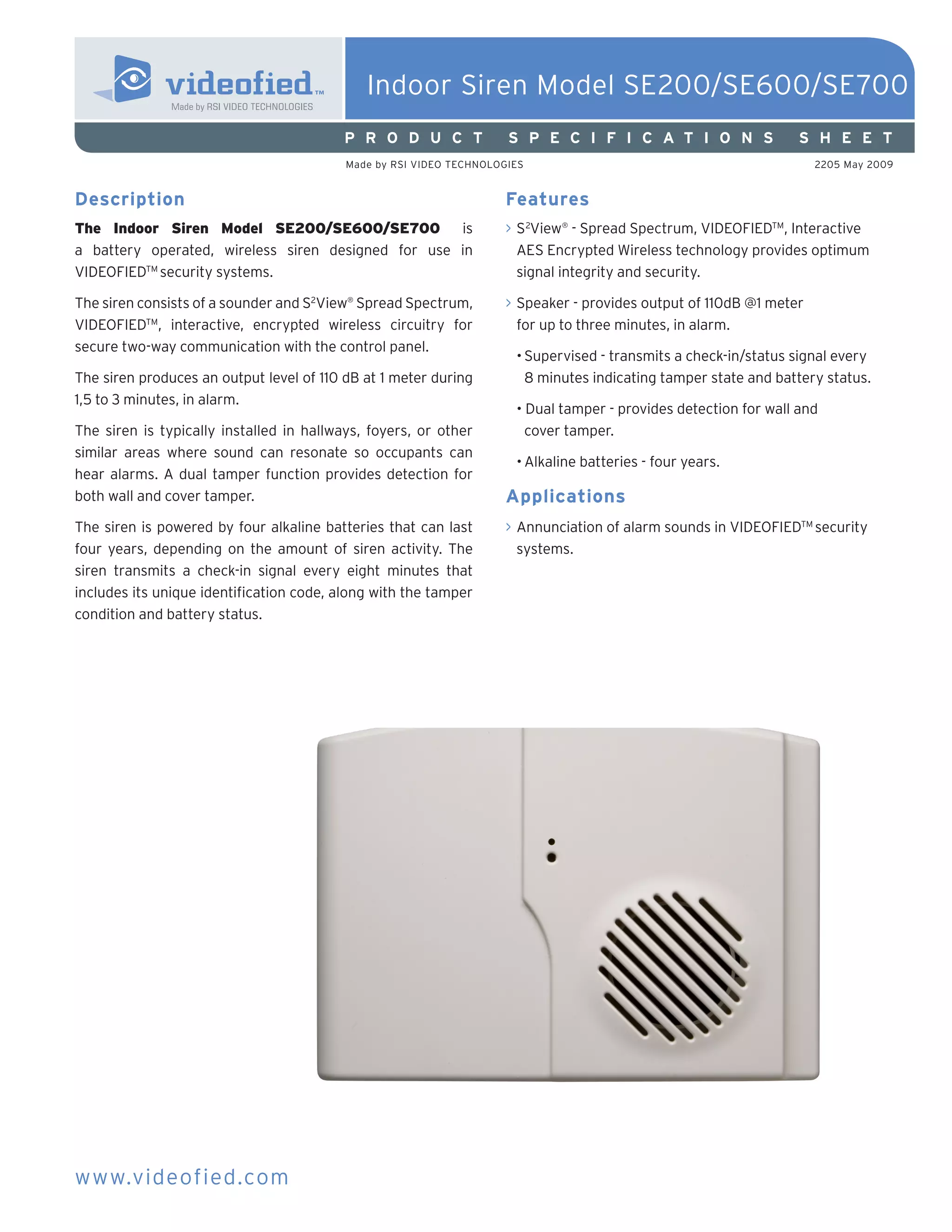 05 indoor siren specifications sheet | PDF