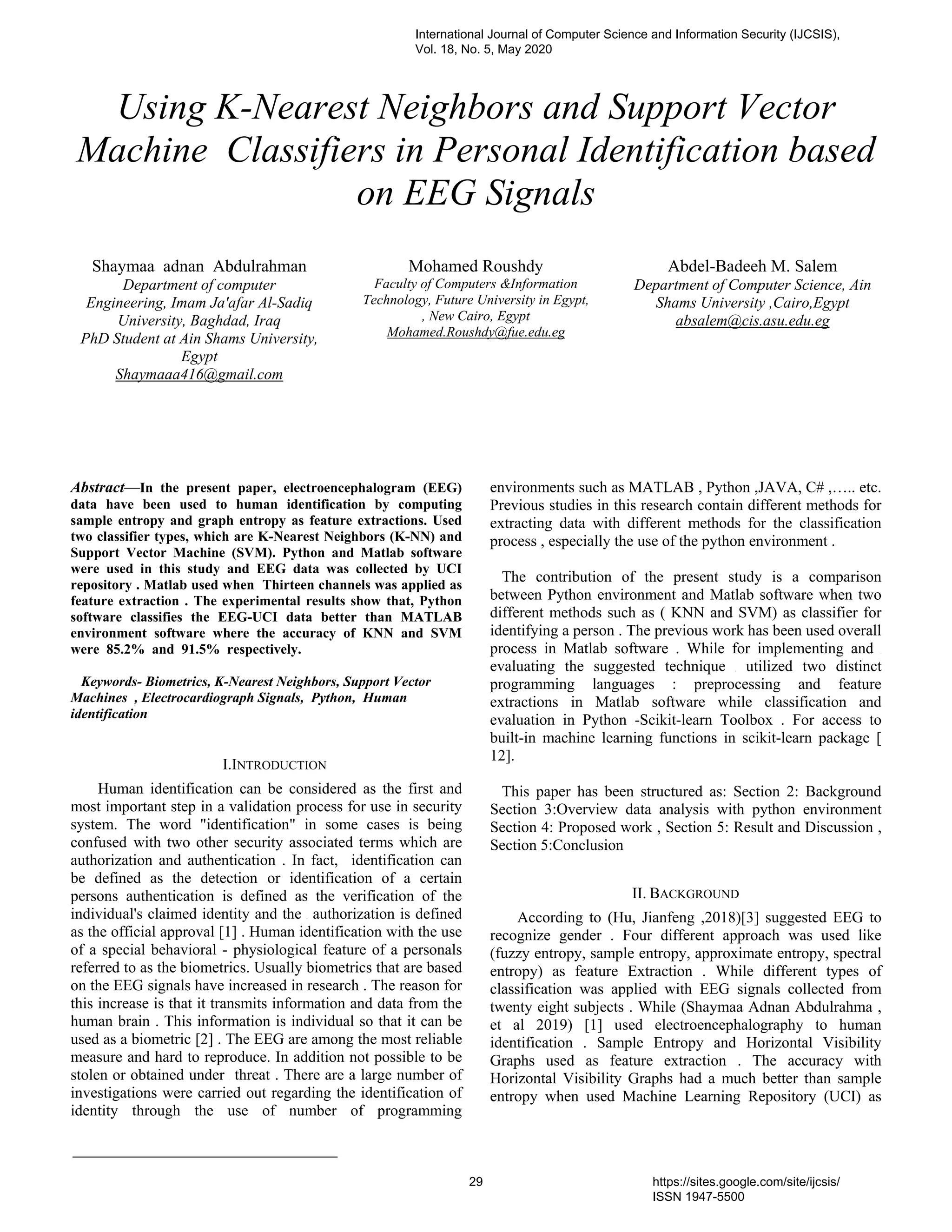 Using K-Nearest Neighbors and Support Vector Machine Classifiers in Personal Identification ...