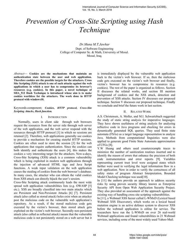 Prevention Of Cross Site Scripting Using Hash Technique Pdf