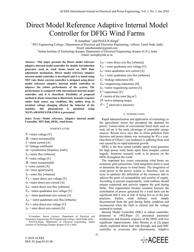 Direct Model Reference Adaptive Internal Model Controller for DFIG Wind Farms | PDF