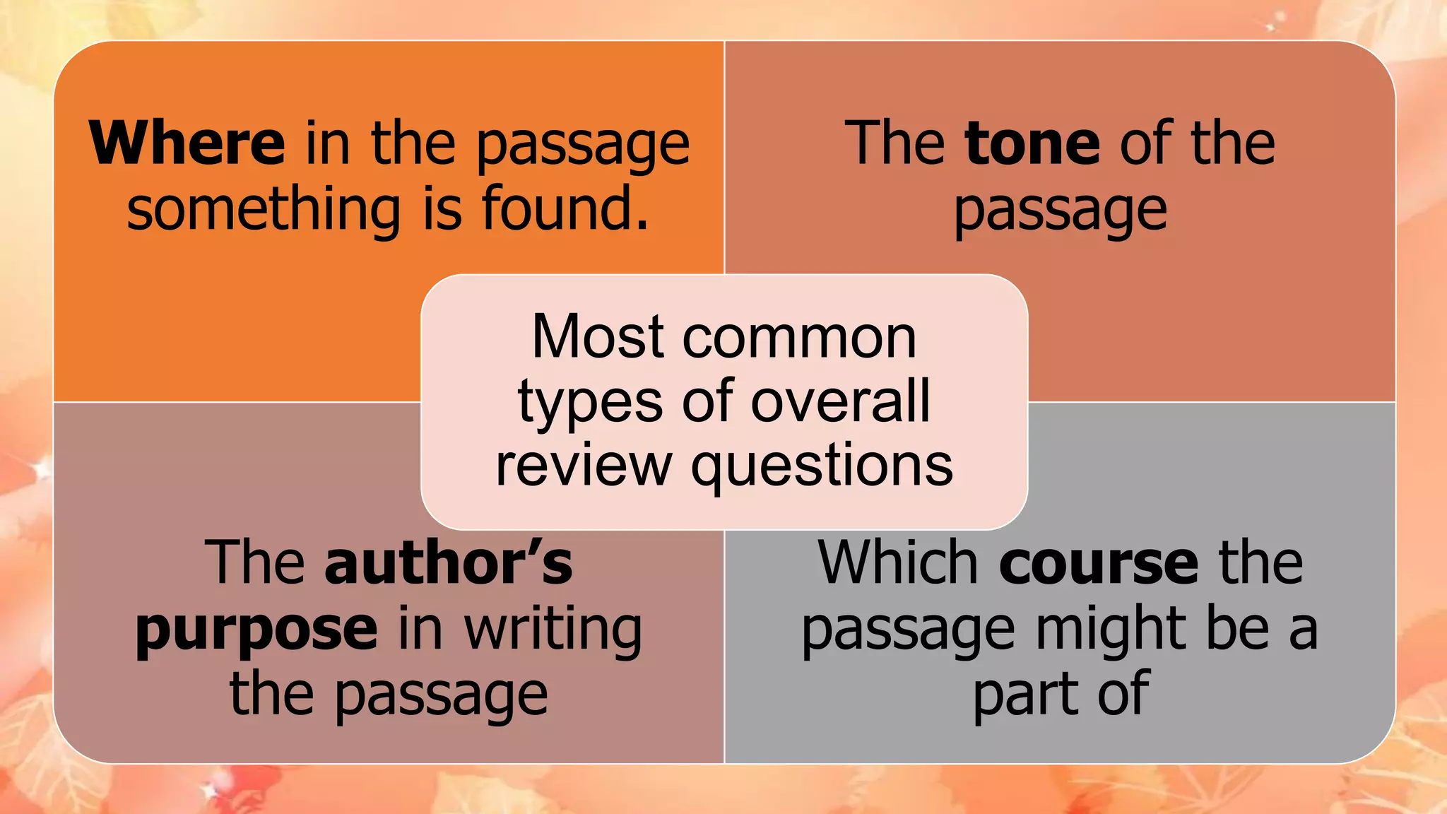 Reading Comprehension - Overall Review Questions | PPTX
