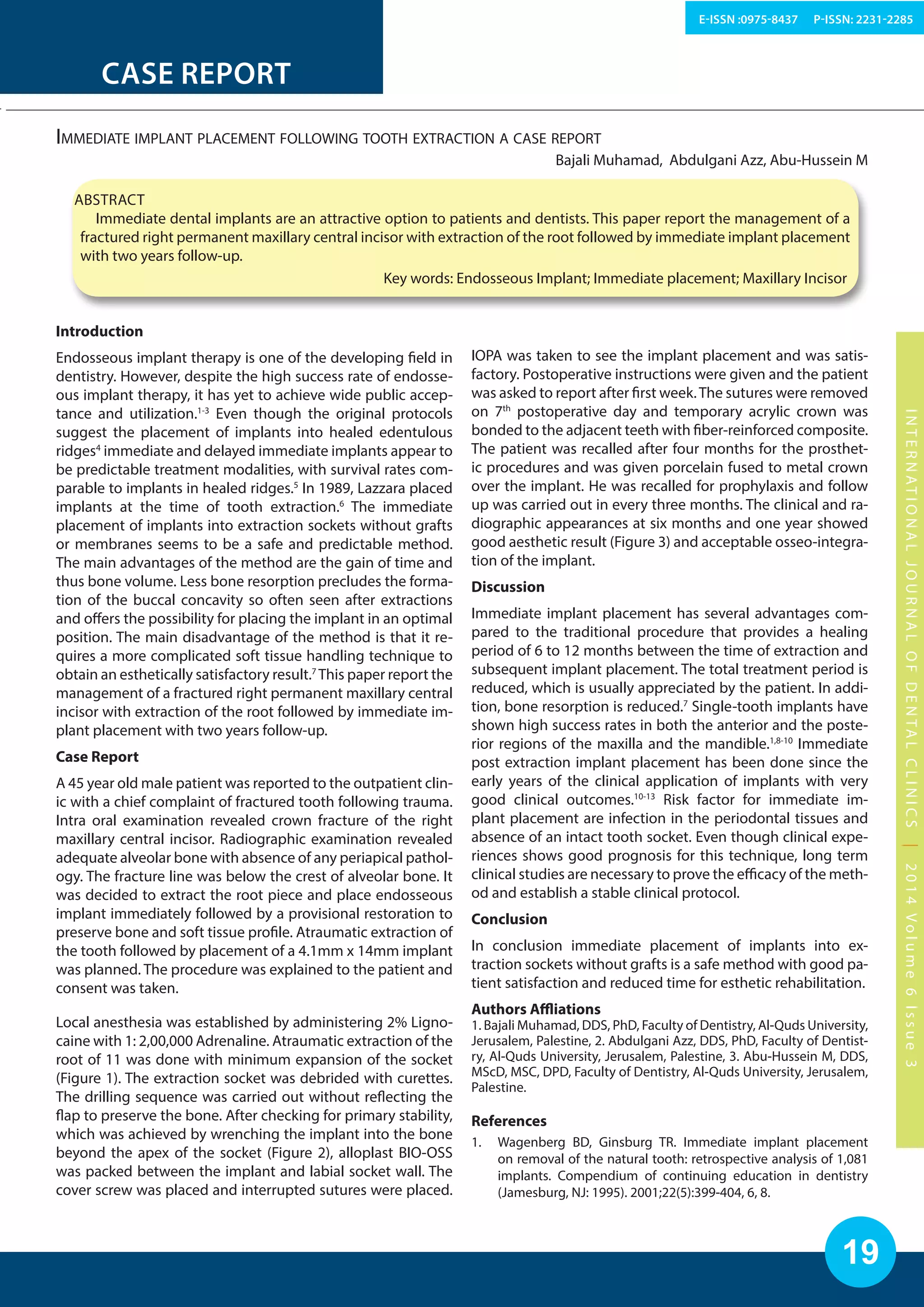 Immediate implant placement following tooth extraction a case report | PDF