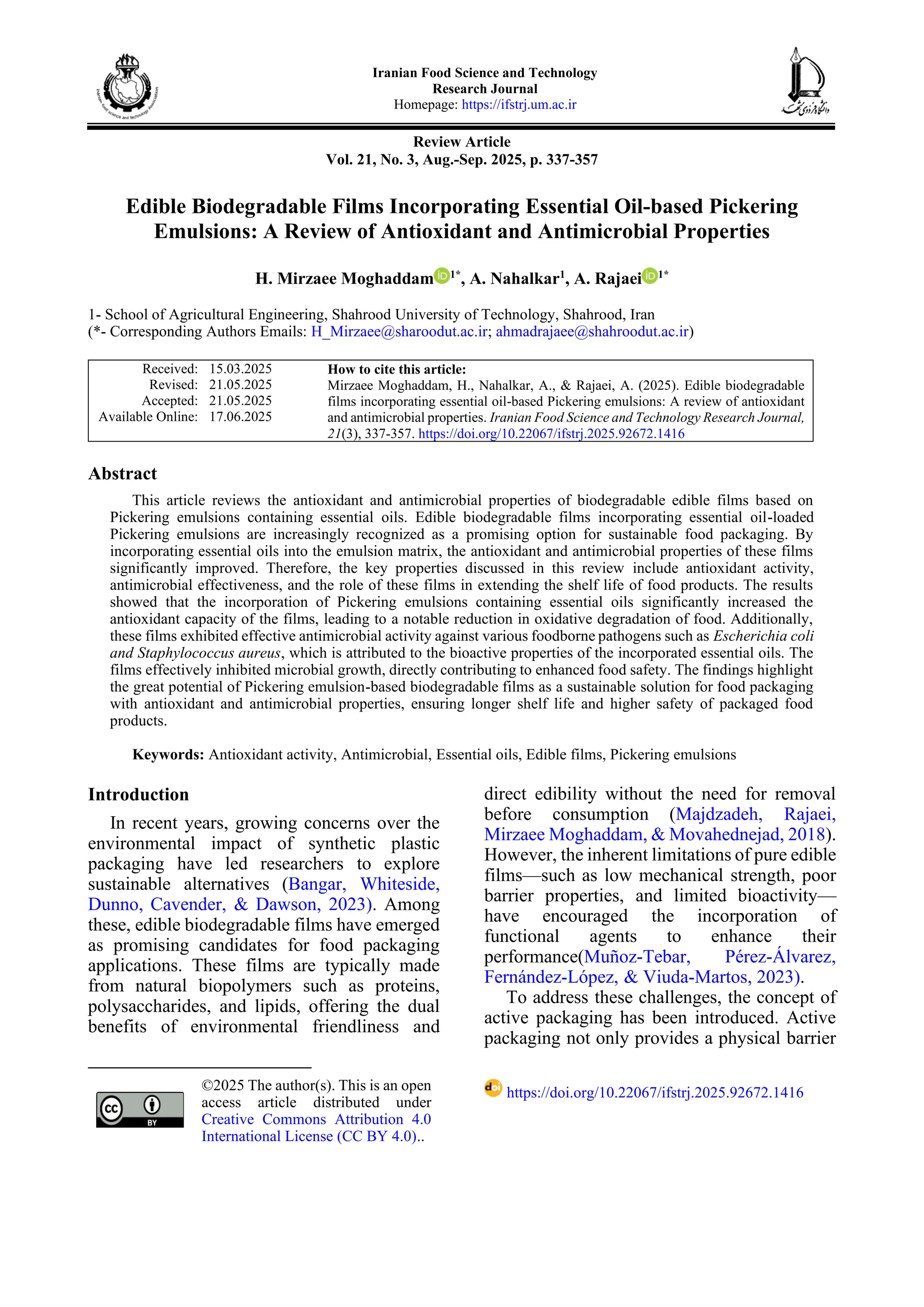 Edible Biodegradable Films Incorporating Essential Oil-based Pickering Emulsions: A Review of ...
