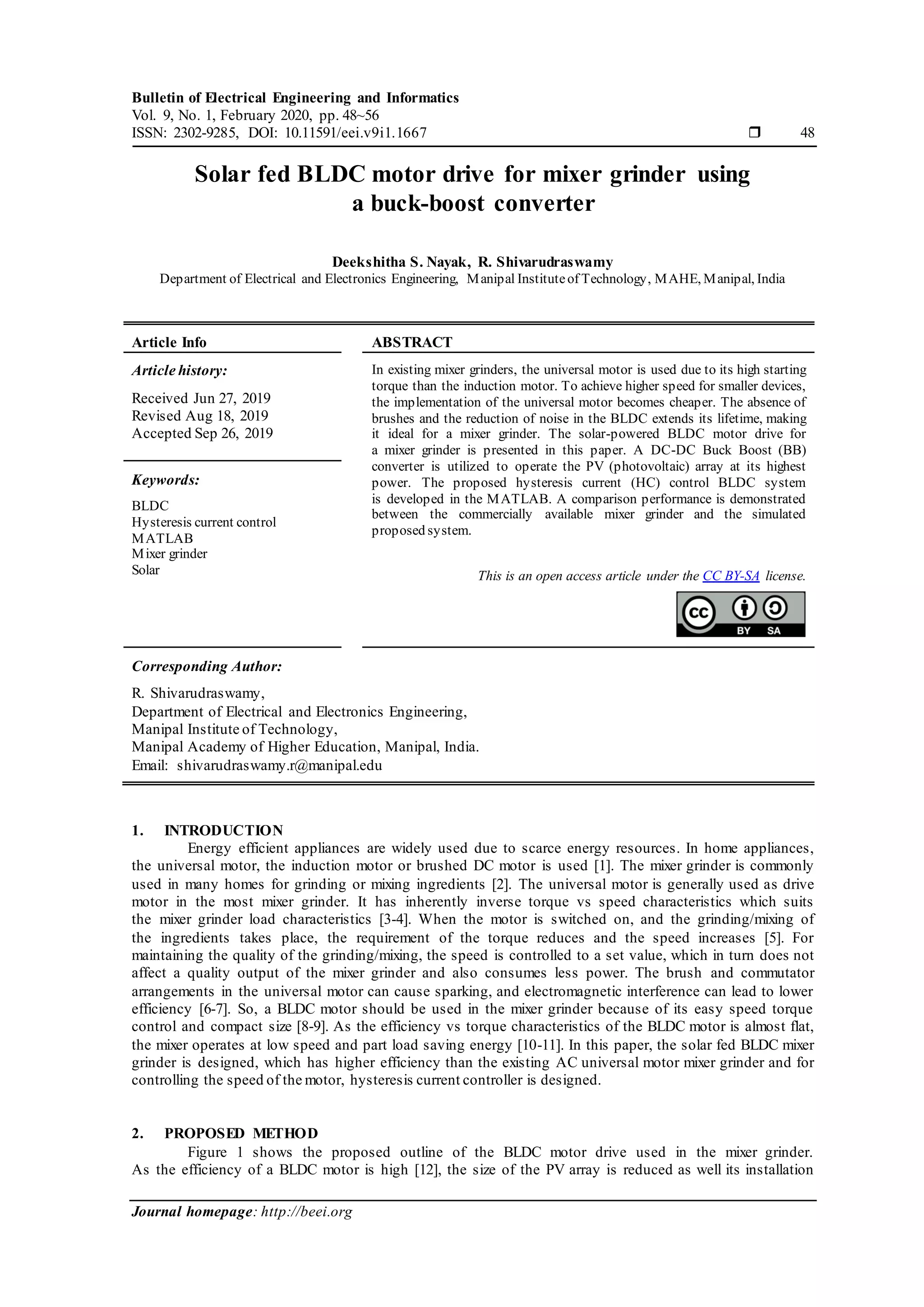 Solar fed BLDC motor drive for mixer grinder using a buck-boost ...