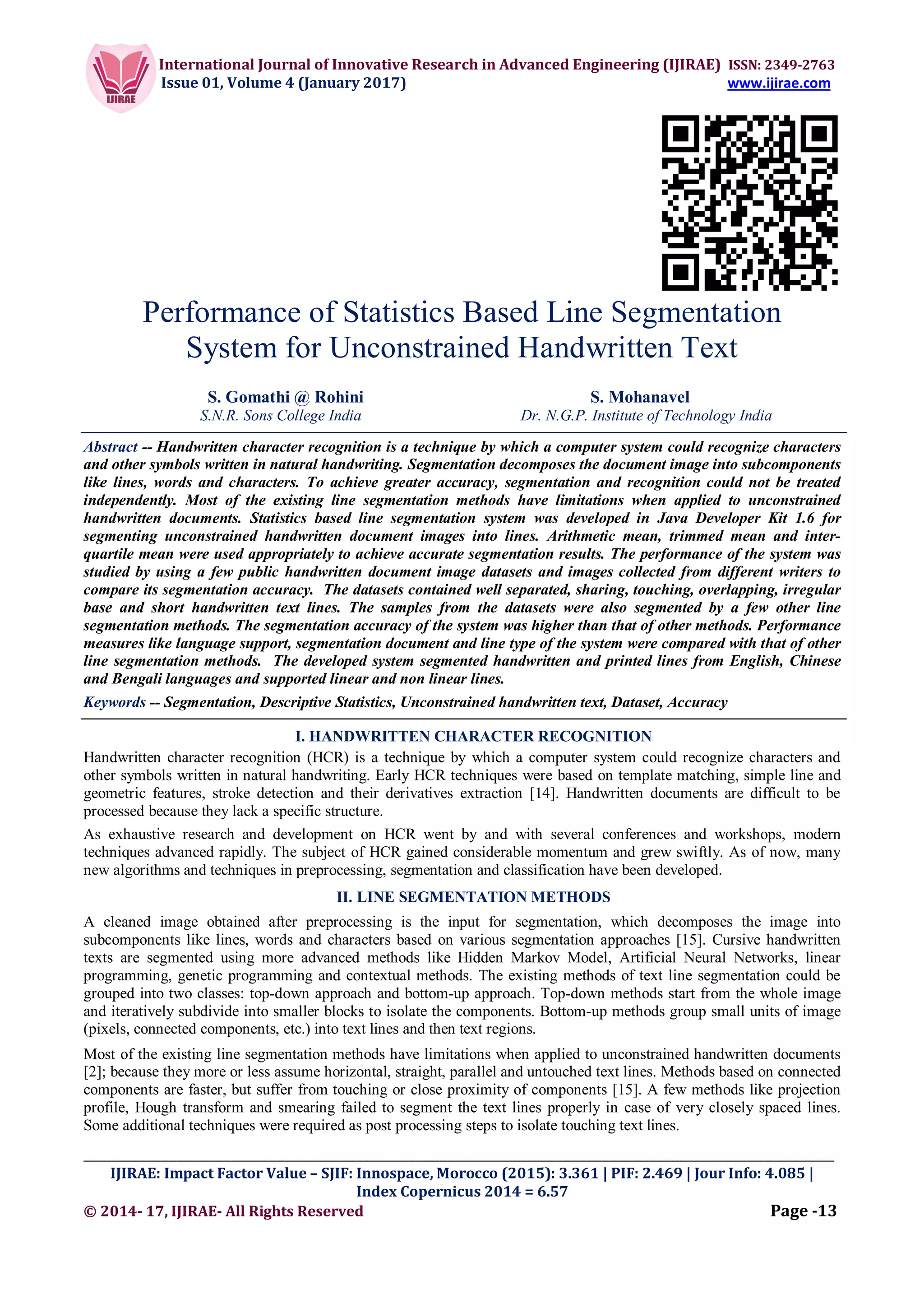 Performance of Statistics Based Line Segmentation System for Unconstrained Handwritten Text ...
