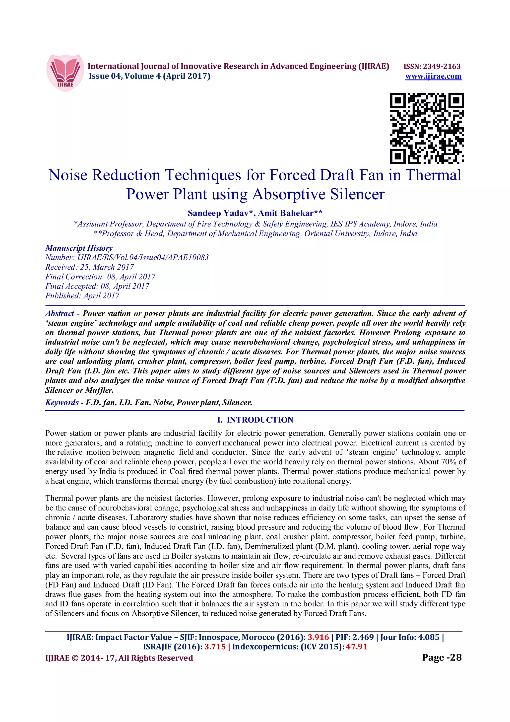 Noise Reduction Techniques for Forced Draft Fan in Thermal Power Plant using Absorptive Silencer ...