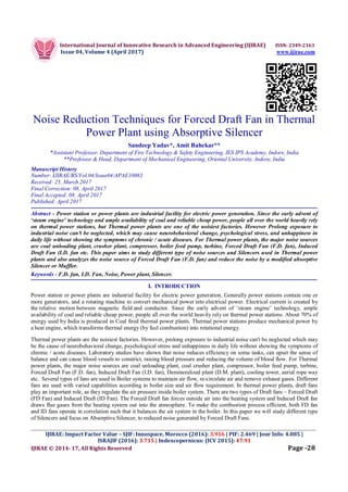 Noise Reduction Techniques for Forced Draft Fan in Thermal Power Plant using Absorptive Silencer ...
