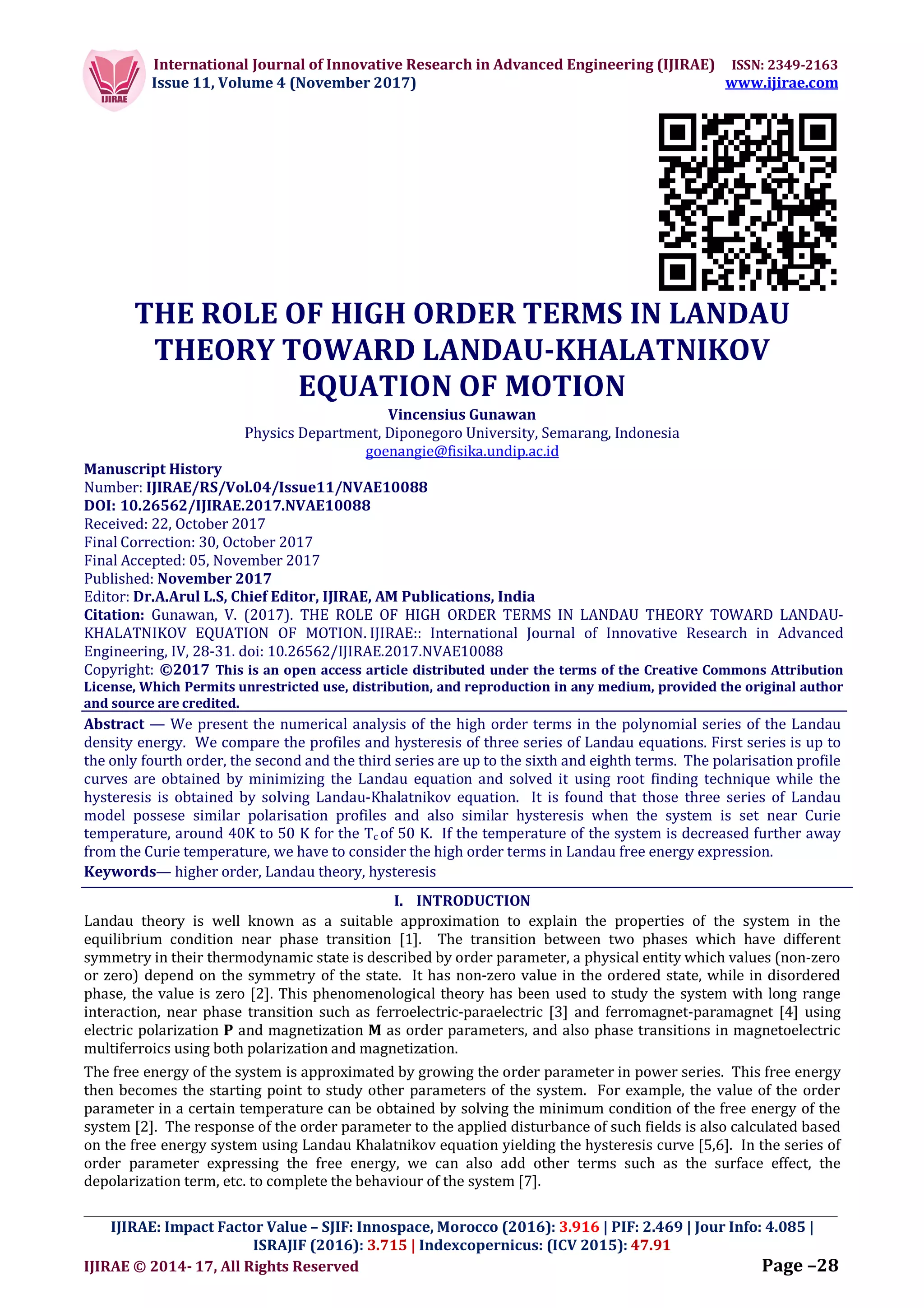 THE ROLE OF HIGH ORDER TERMS IN LANDAU THEORY TOWARD LANDAU-KHALATNIKOV EQUATION OF MOTION | PDF