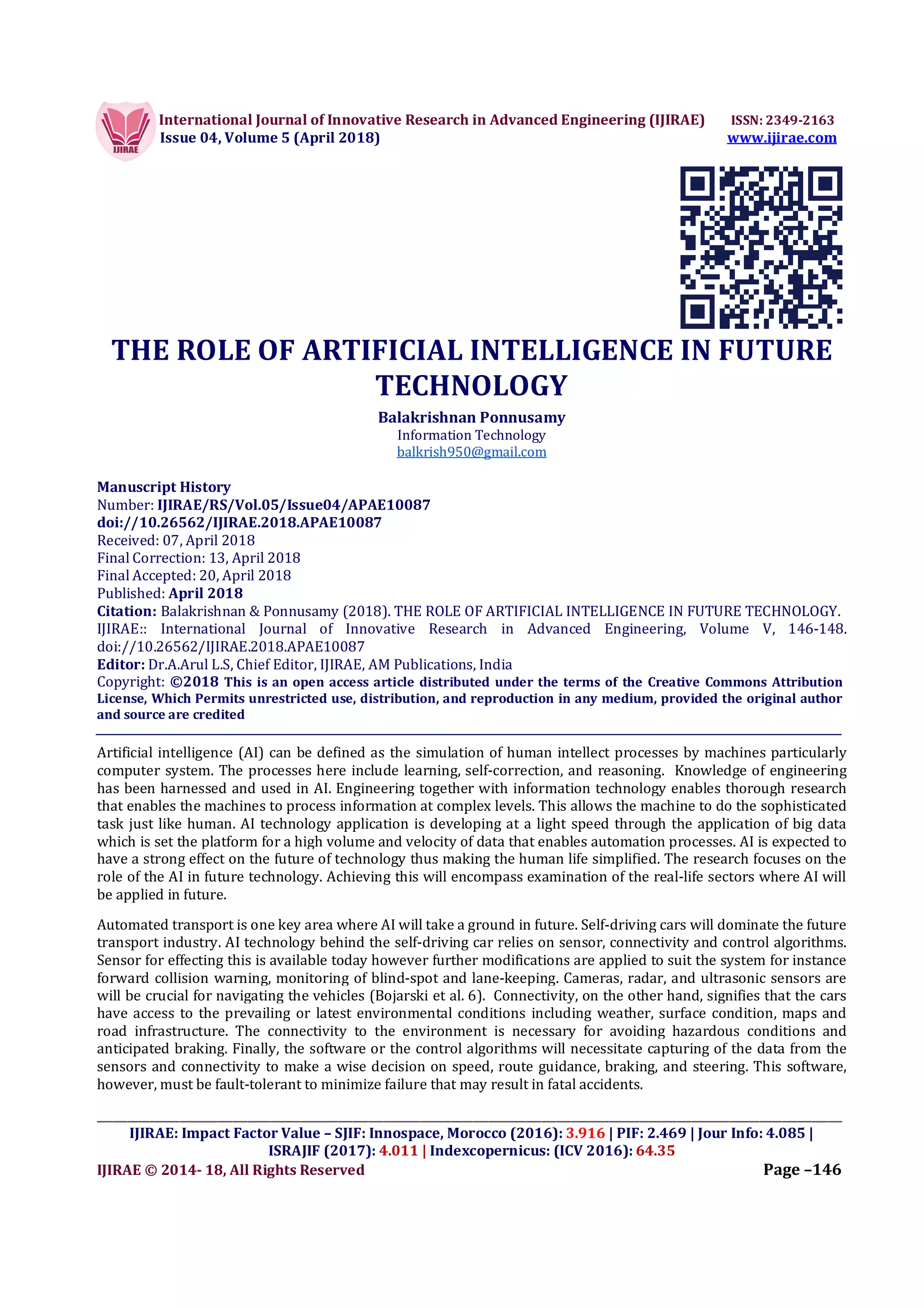 THE ROLE OF ARTIFICIAL INTELLIGENCE IN FUTURE TECHNOLOGY | PDF
