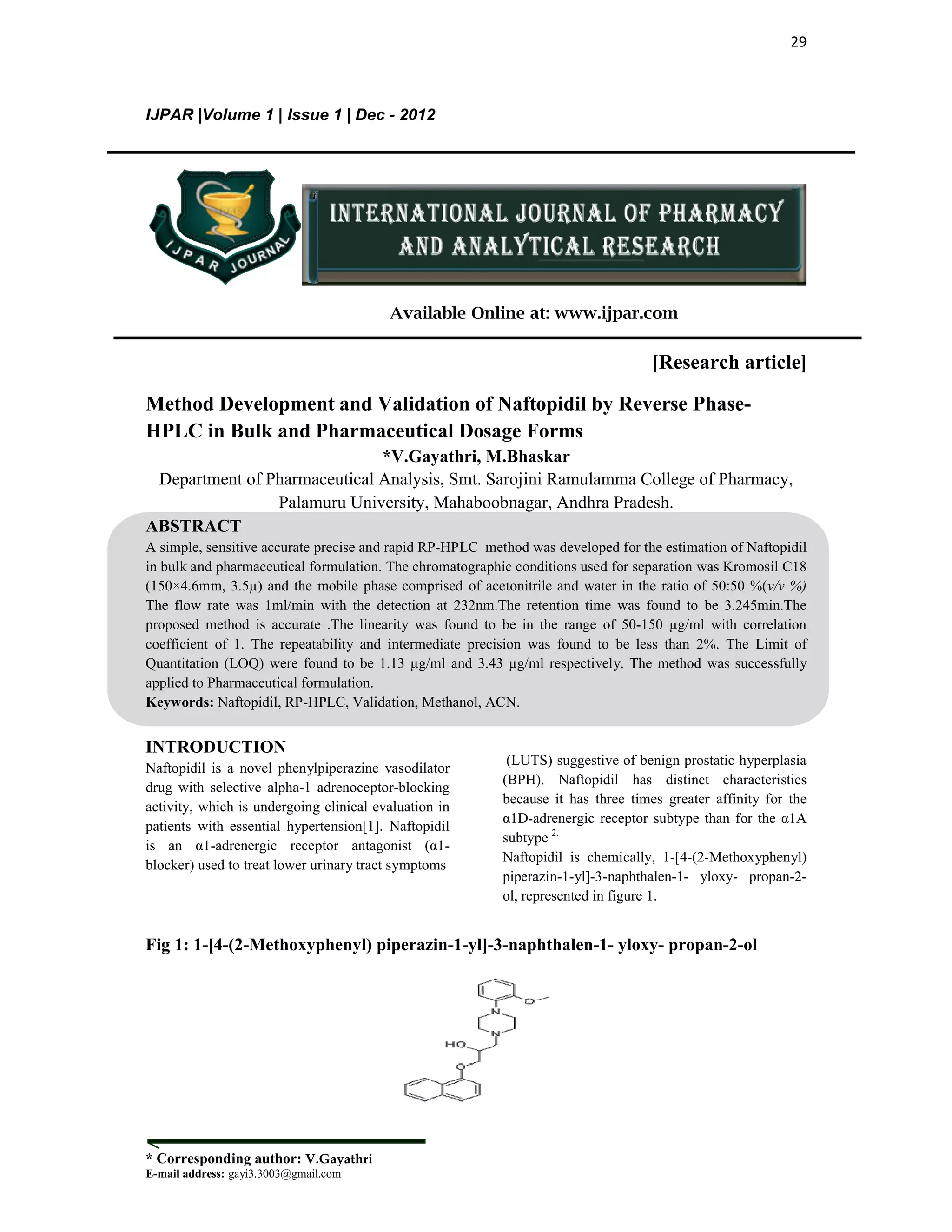 Method Development and Validation of Naftopidil by Reverse Phase-HPLC in Bulk and Pharmaceutical ...