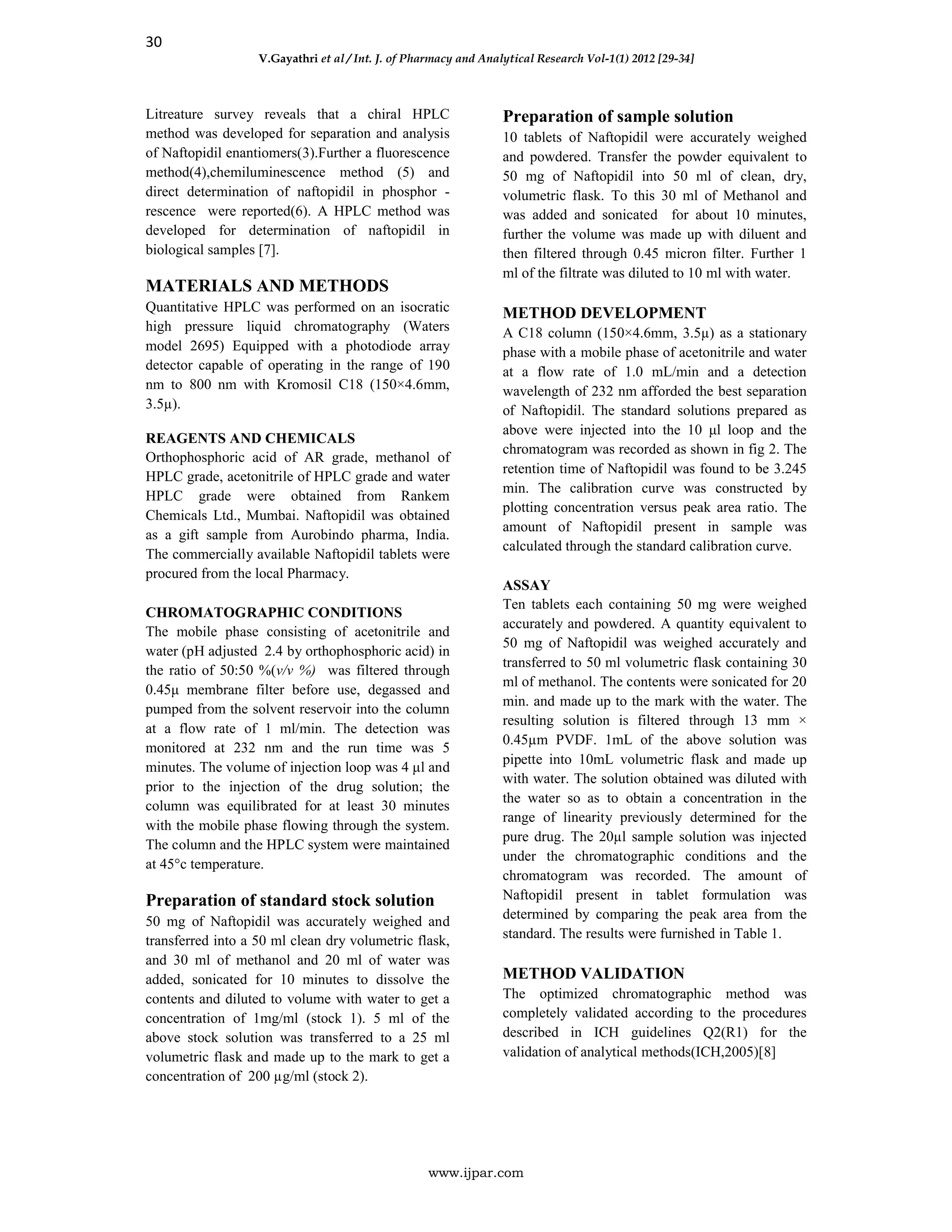 Method Development and Validation of Naftopidil by Reverse Phase-HPLC in Bulk and Pharmaceutical ...