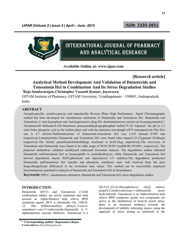 Analytical Method Development and Validation of Dutasteride and Tamsulosin Hcl in Combination ...