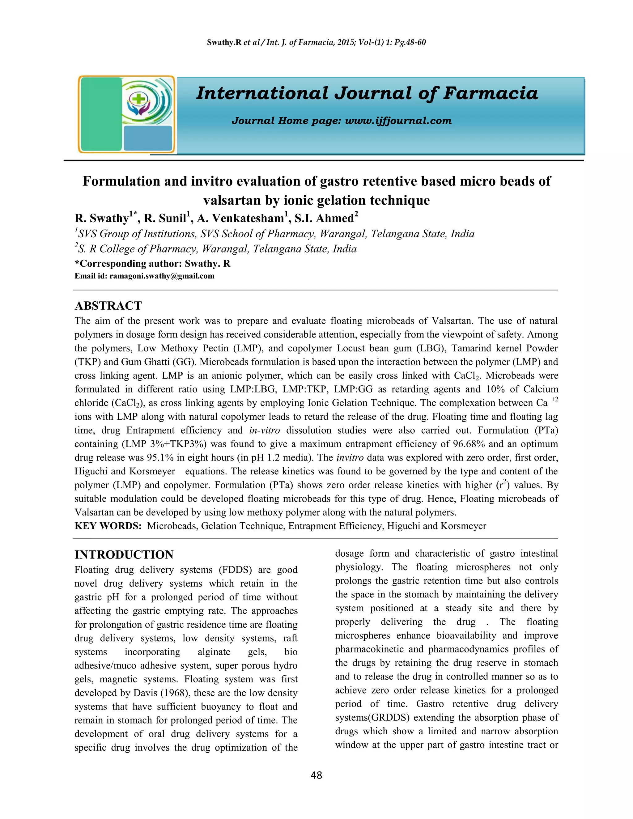 Formulation and invitro evaluation of gastro retentive based micro ...