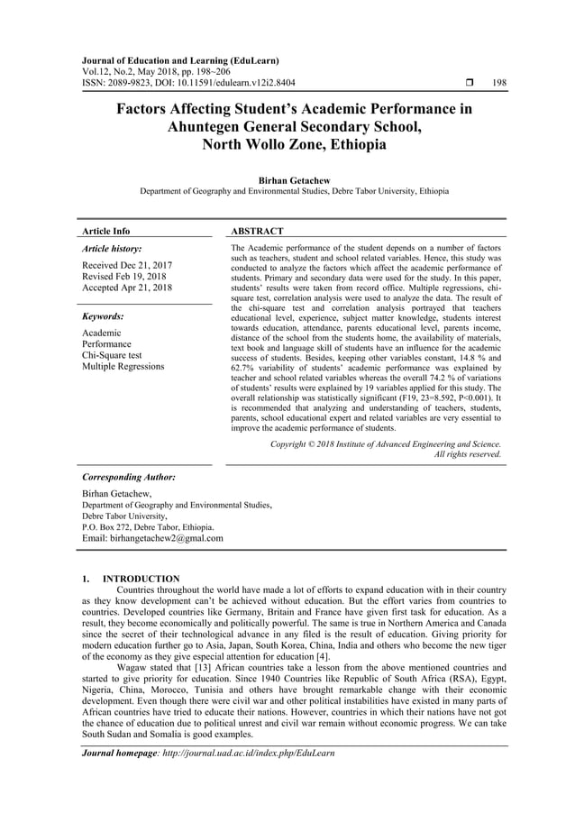 Factors Affecting Student’s Academic Performance in Ahuntegen General Secondary School, North ...