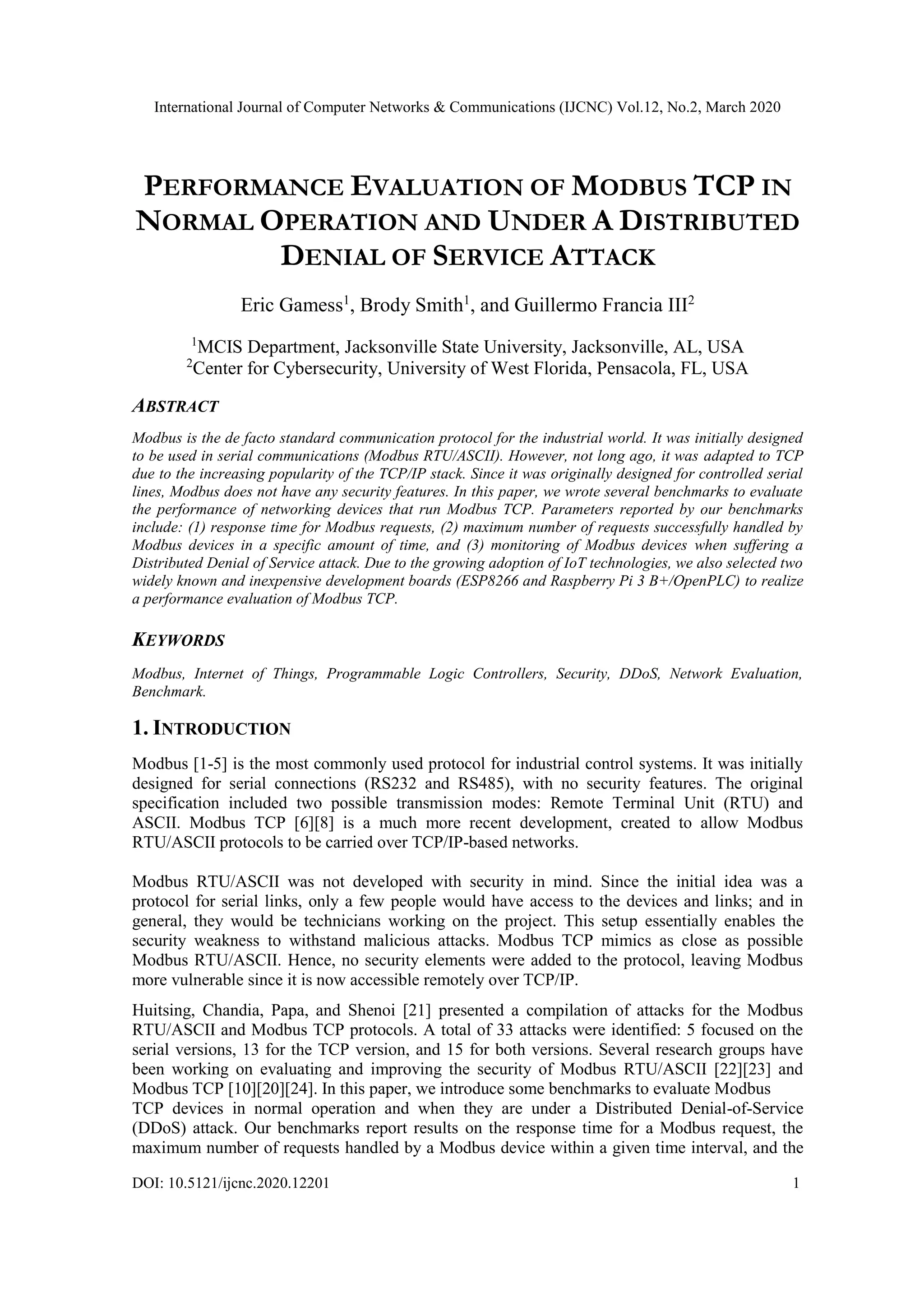 PERFORMANCE EVALUATION OF MODBUS TCP IN NORMAL OPERATION AND UNDER A DISTRIBUTED DENIAL OF ...