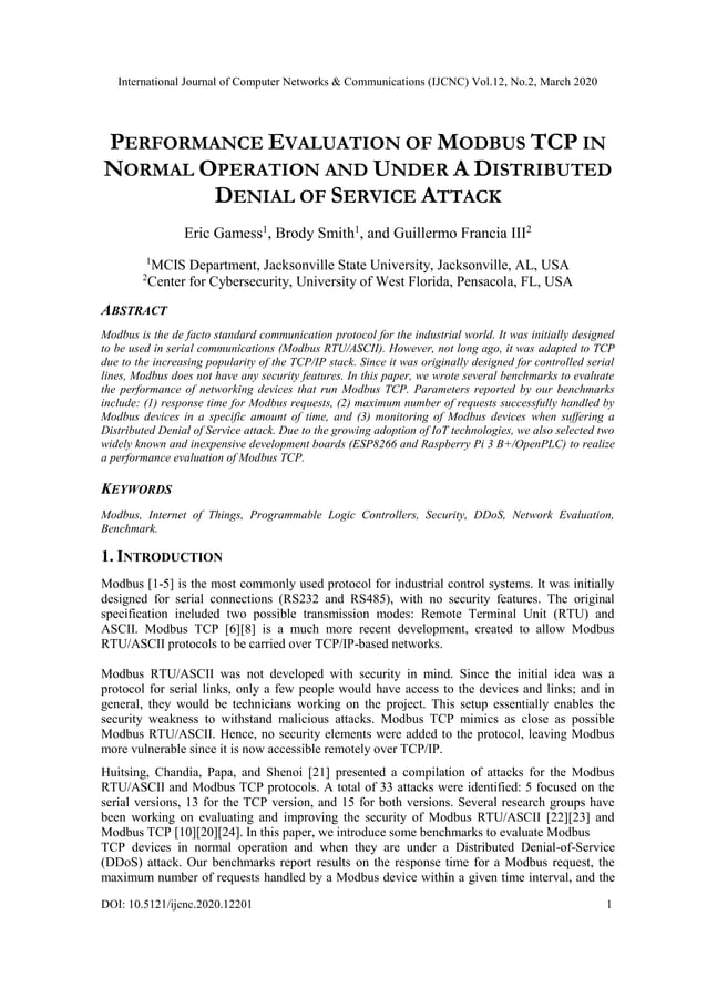 PERFORMANCE EVALUATION OF MODBUS TCP IN NORMAL OPERATION AND UNDER A DISTRIBUTED DENIAL OF ...