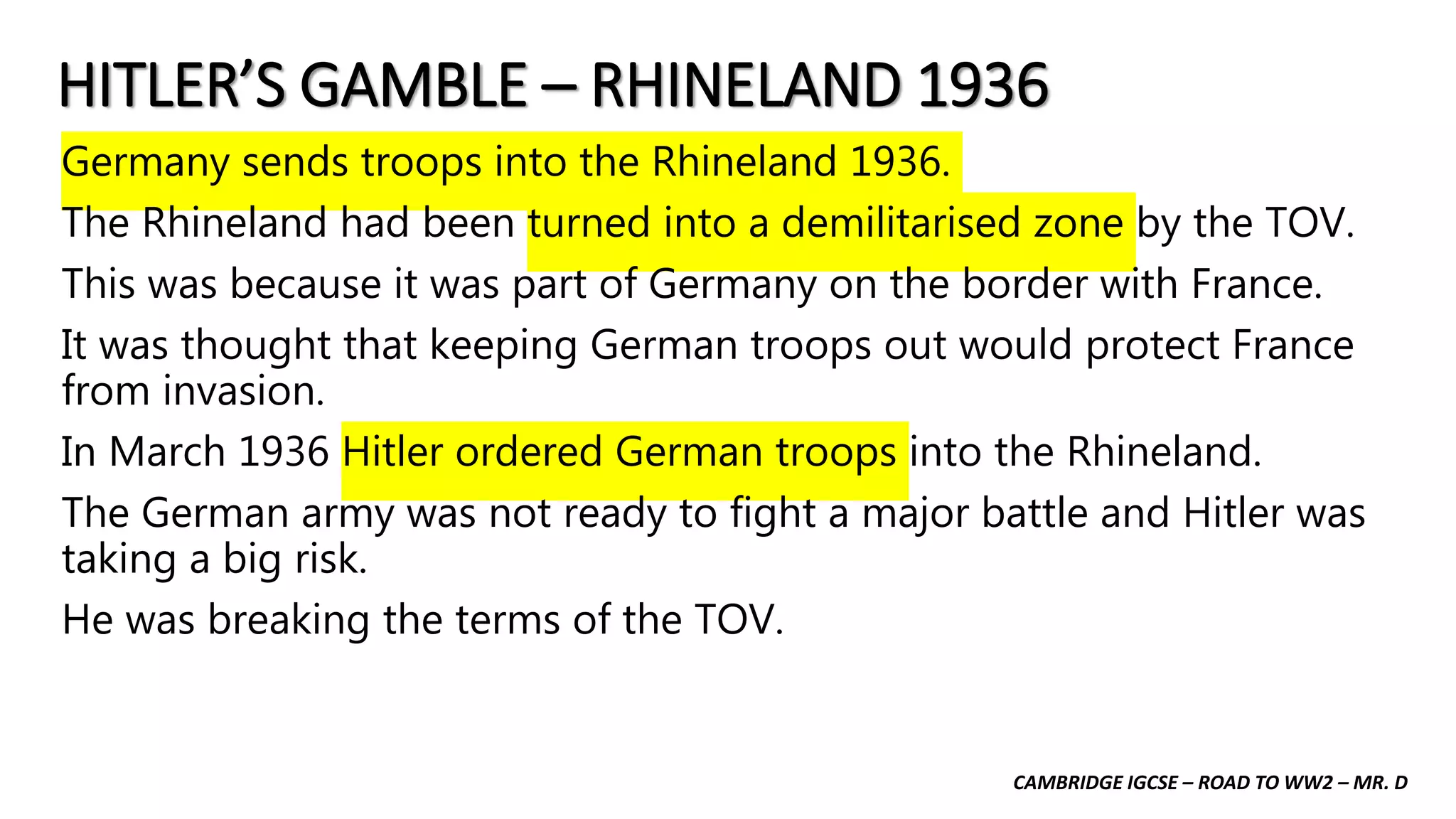 HISTORY IGCSE CONTENT - 20TH CENTURY OPTION - THE ROAD TO WW2 ...