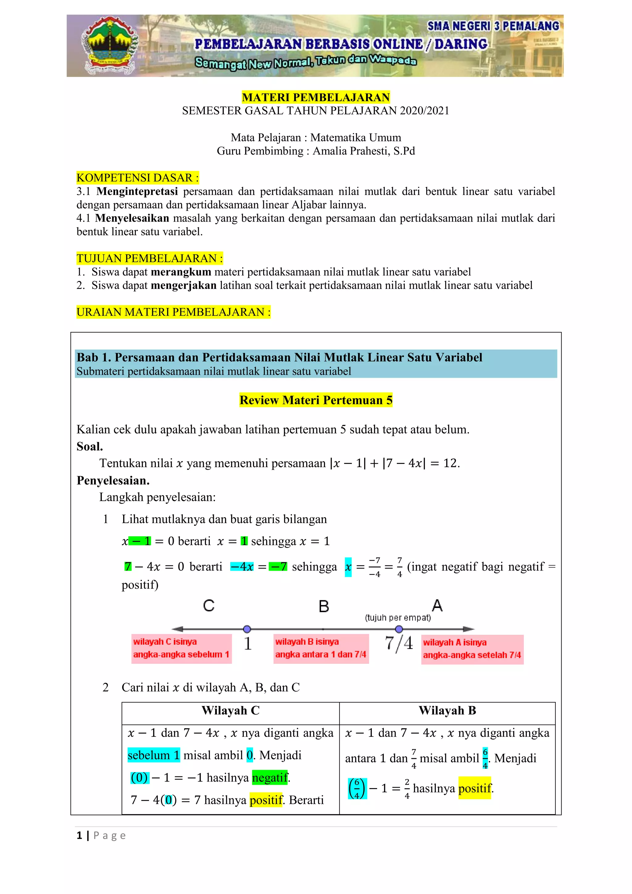 Pertemuan 6 bab 1 nilai mutlak revisi | PDF