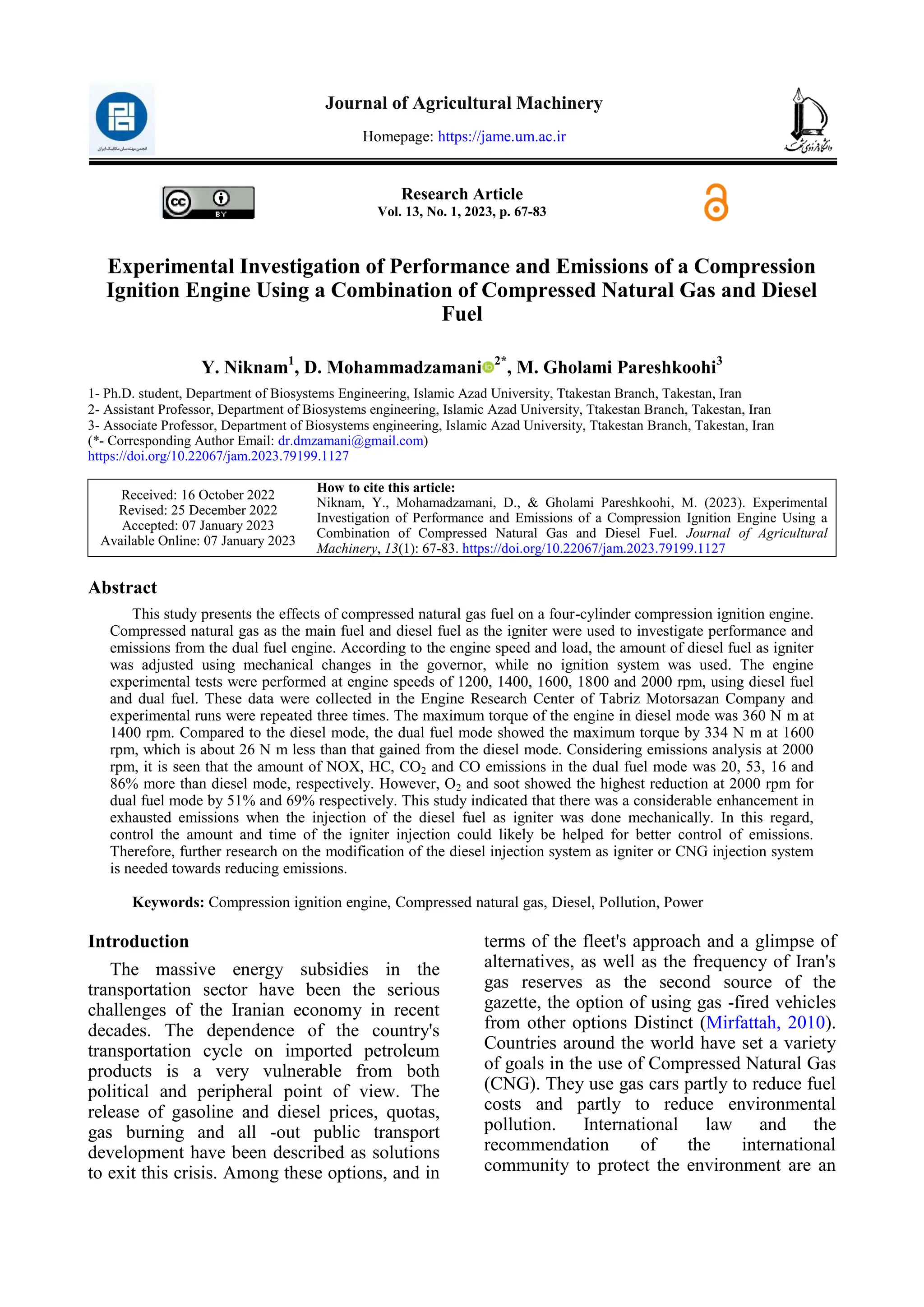 Experimental Investigation Of Performance And Emissions Of A Compression Ignition Engine Using A