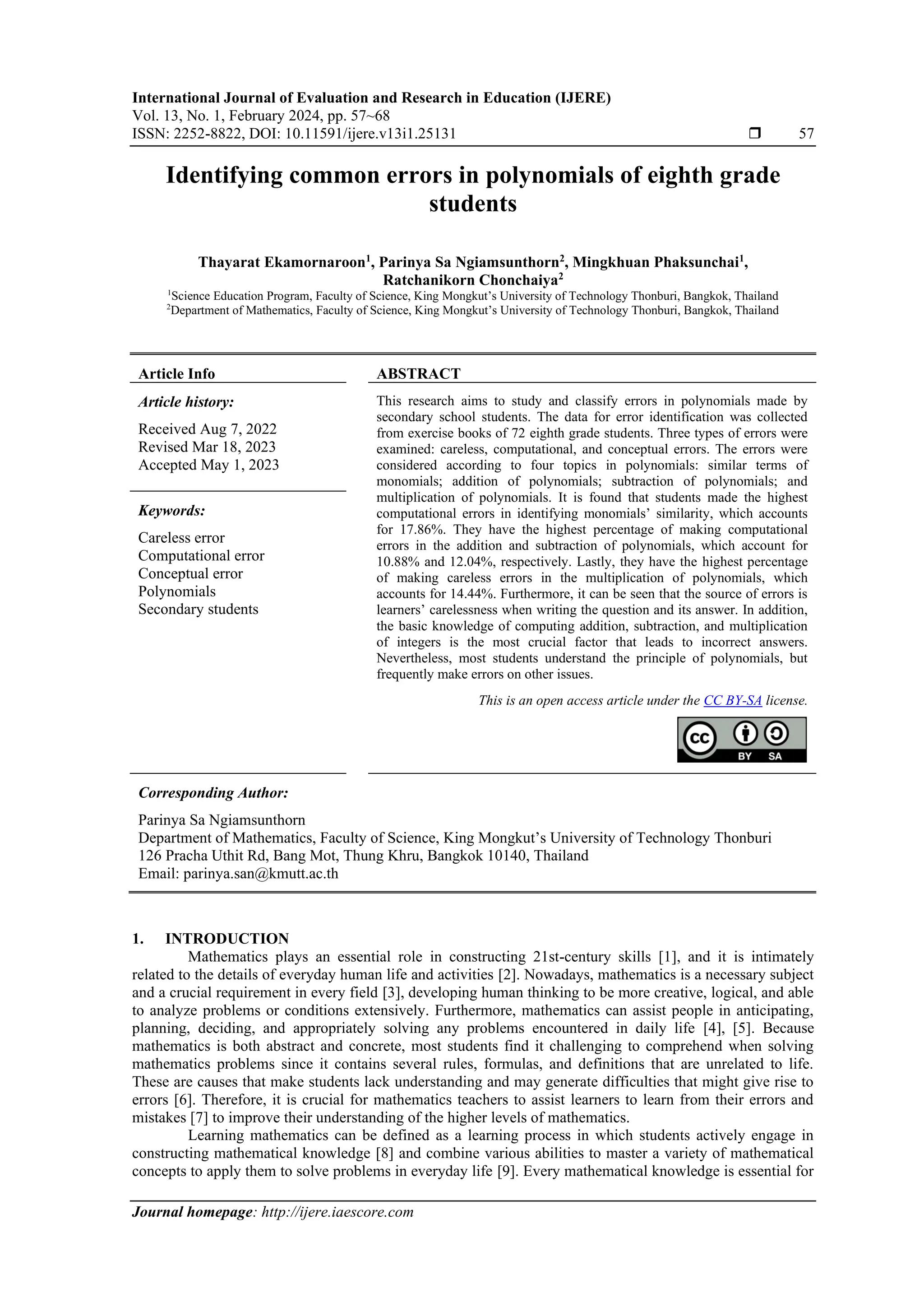 Identifying common errors in polynomials of eighth grade students | PDF