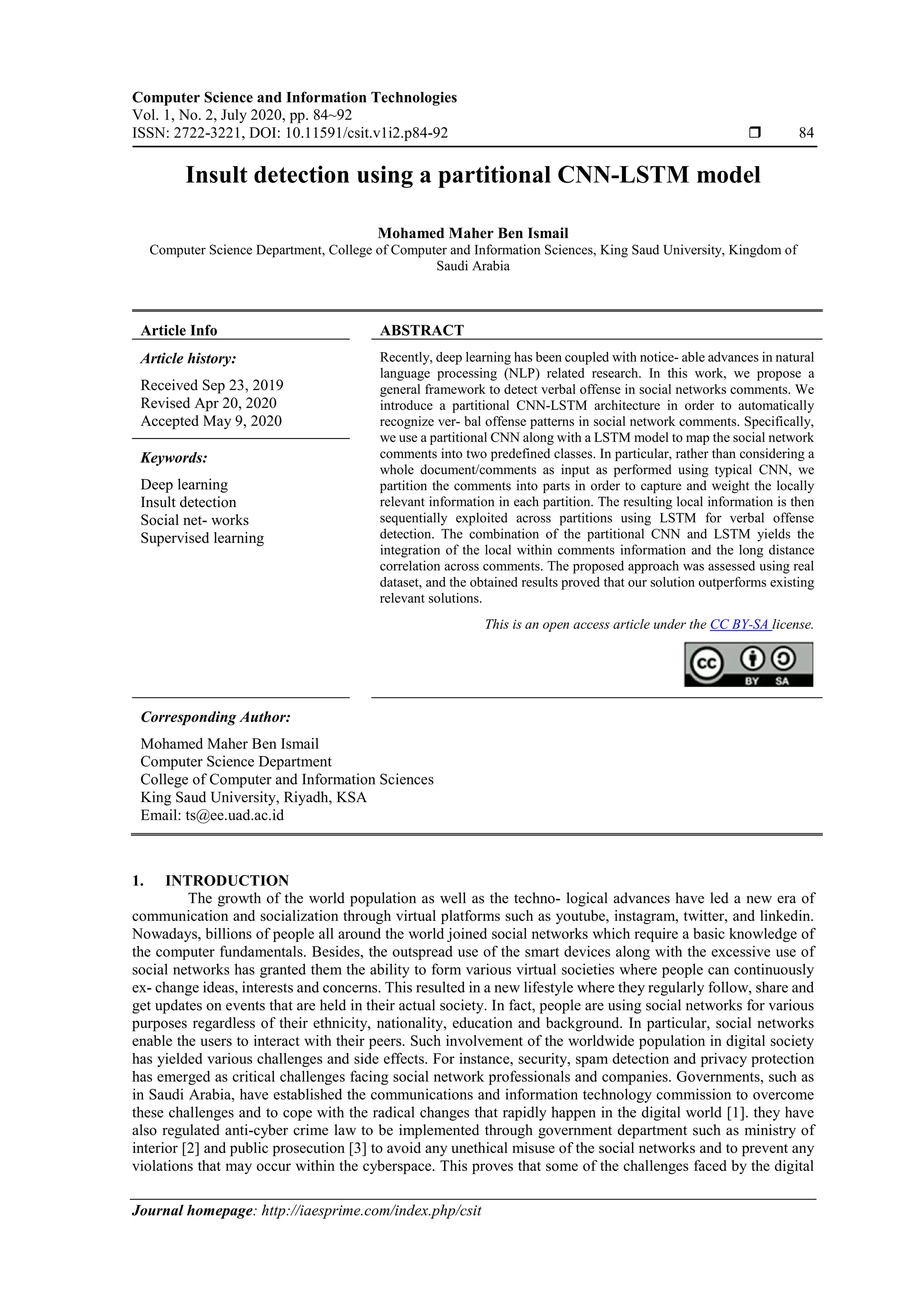 Insult detection using a partitional CNN-LSTM model | PDF