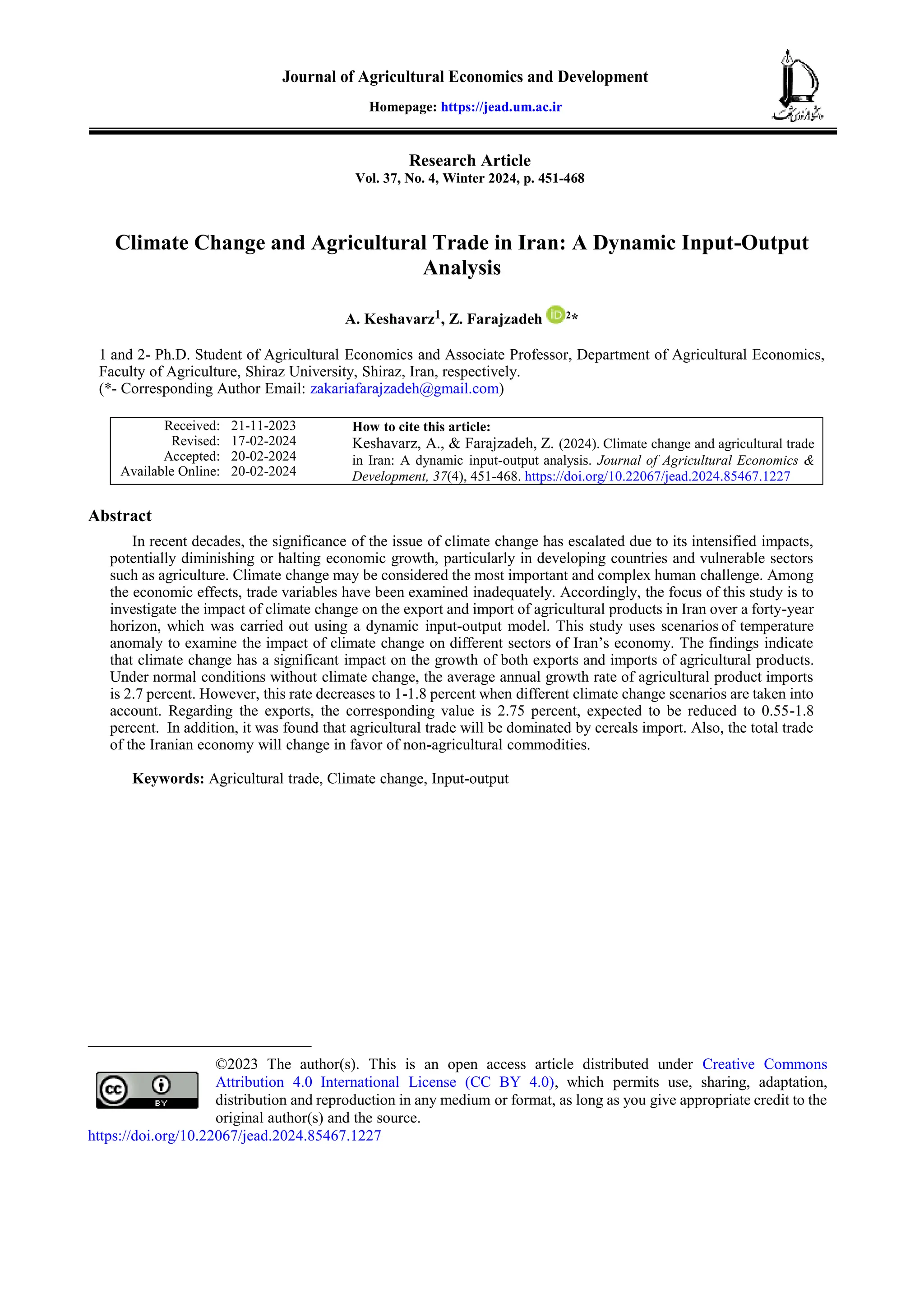 Climate Change and Agricultural Trade in Iran: A Dynamic Input-Output Analysis | PDF