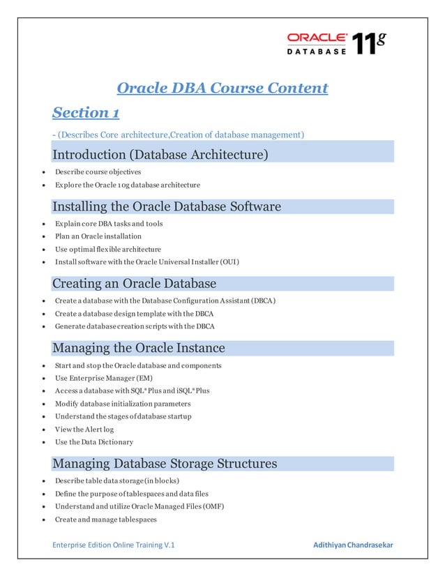 Oracle Database Administration 11g Course Content | DOCX