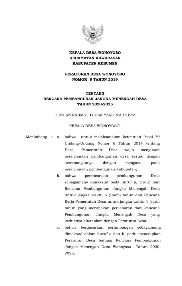 RENCANA PEMBANGUNAN JANGKA MENENGAH DESA TAHUN 2020-2025 | PDF