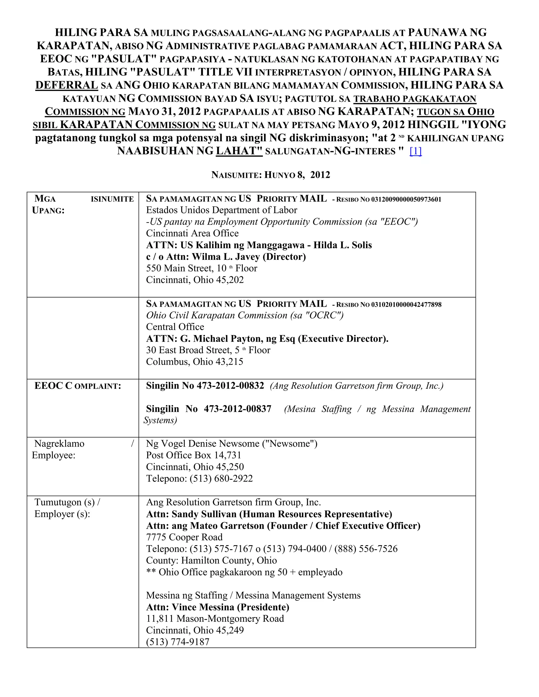 060812 EEOC Response (FILIPINO) | PDF