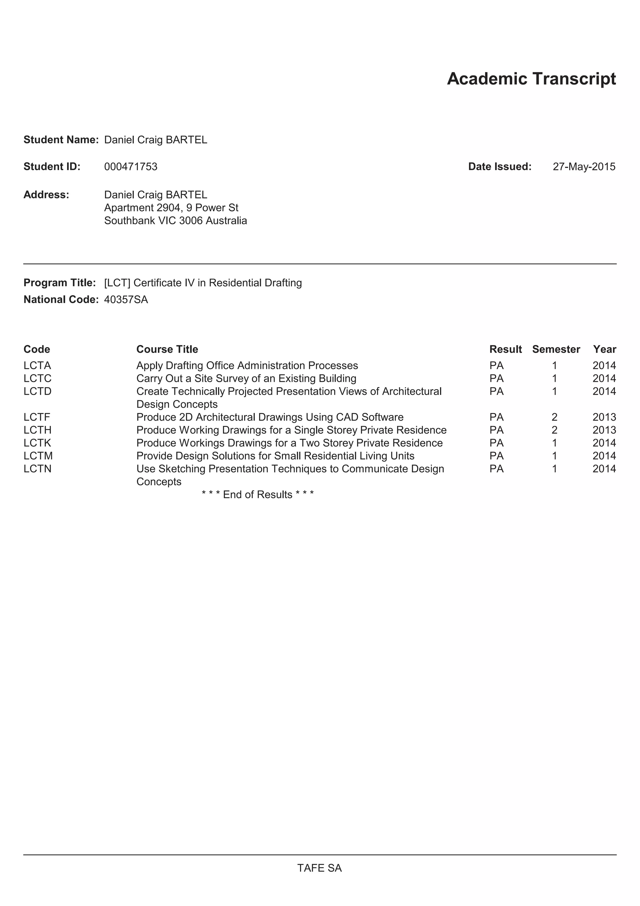 150521 - Academic Transcript - Certificate IV in Residential Drafting | PDF