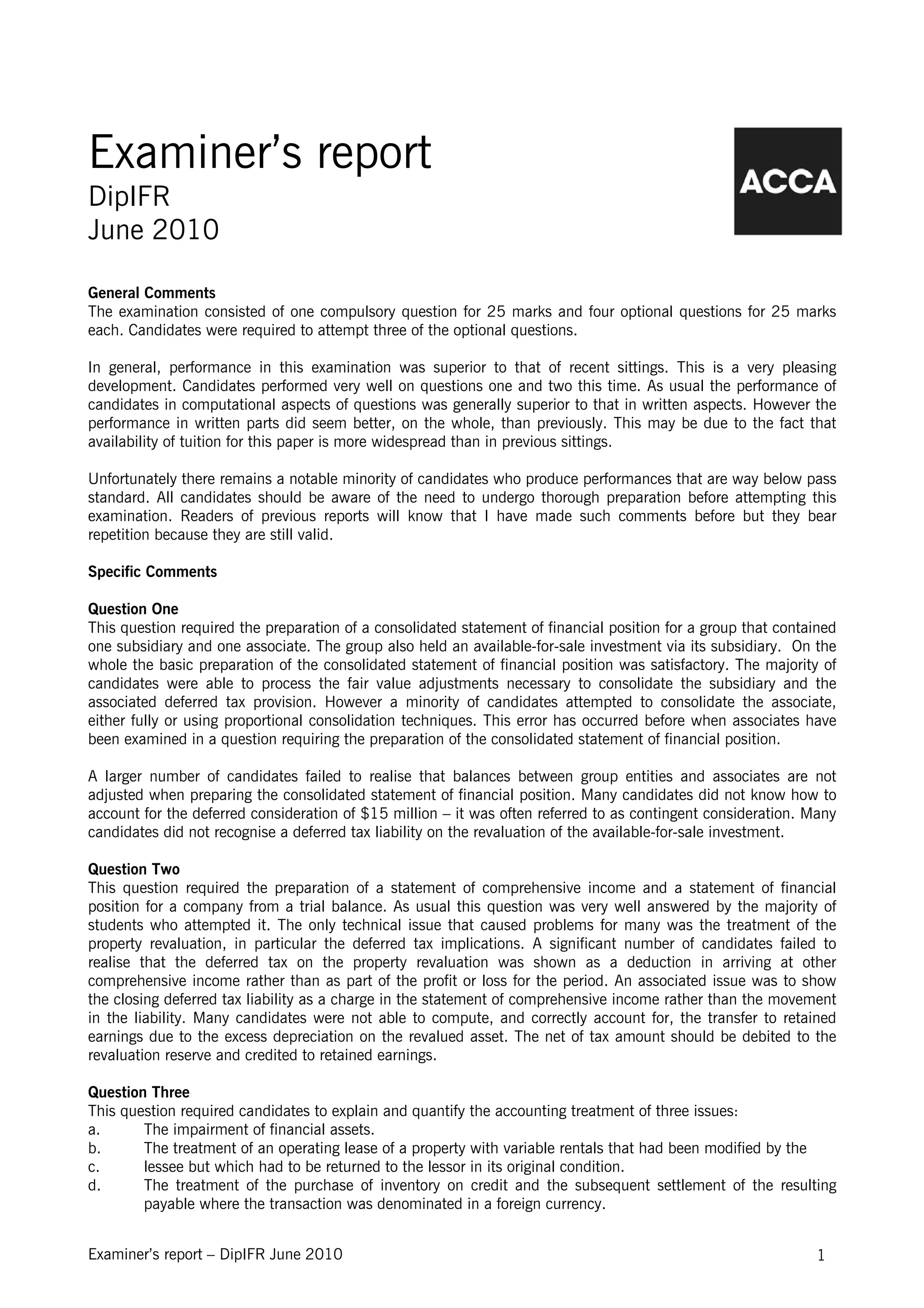 Examiner's Report - Diploma in IFRS - June 2010 | PDF